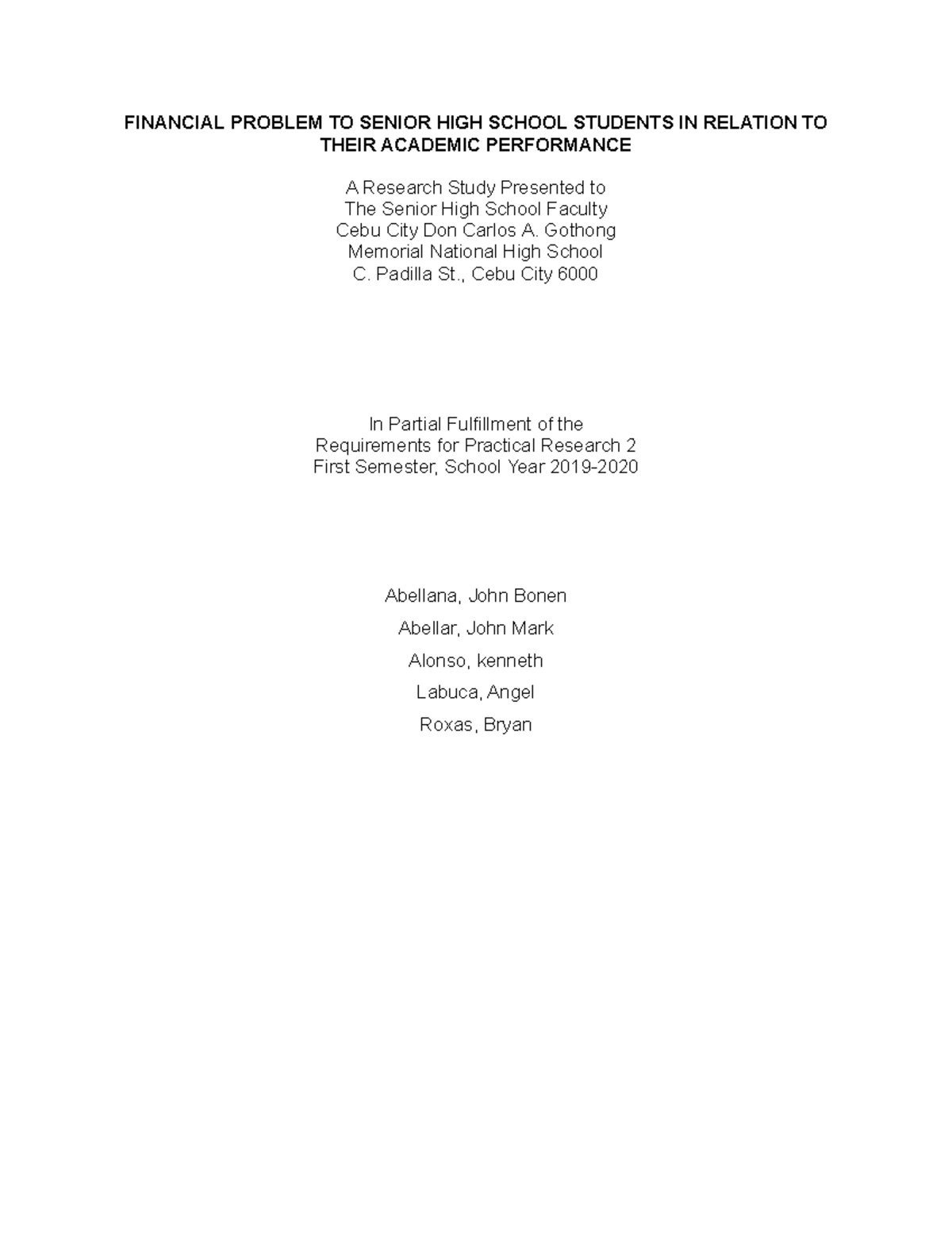 Financial Problems of Senior High School HUMSS Students: A Study - Studocu