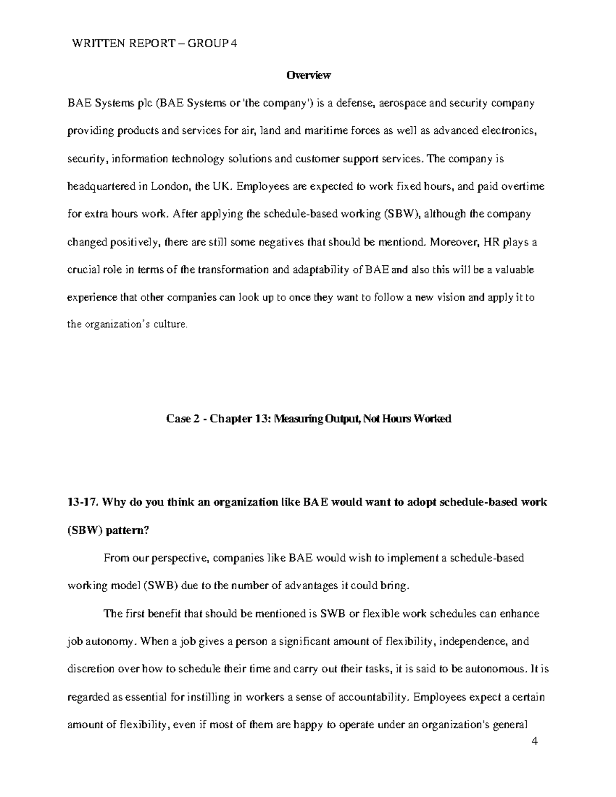Report Case 2 Chapter 13-Group 4 - Overview BAE Systems plc (BAE ...