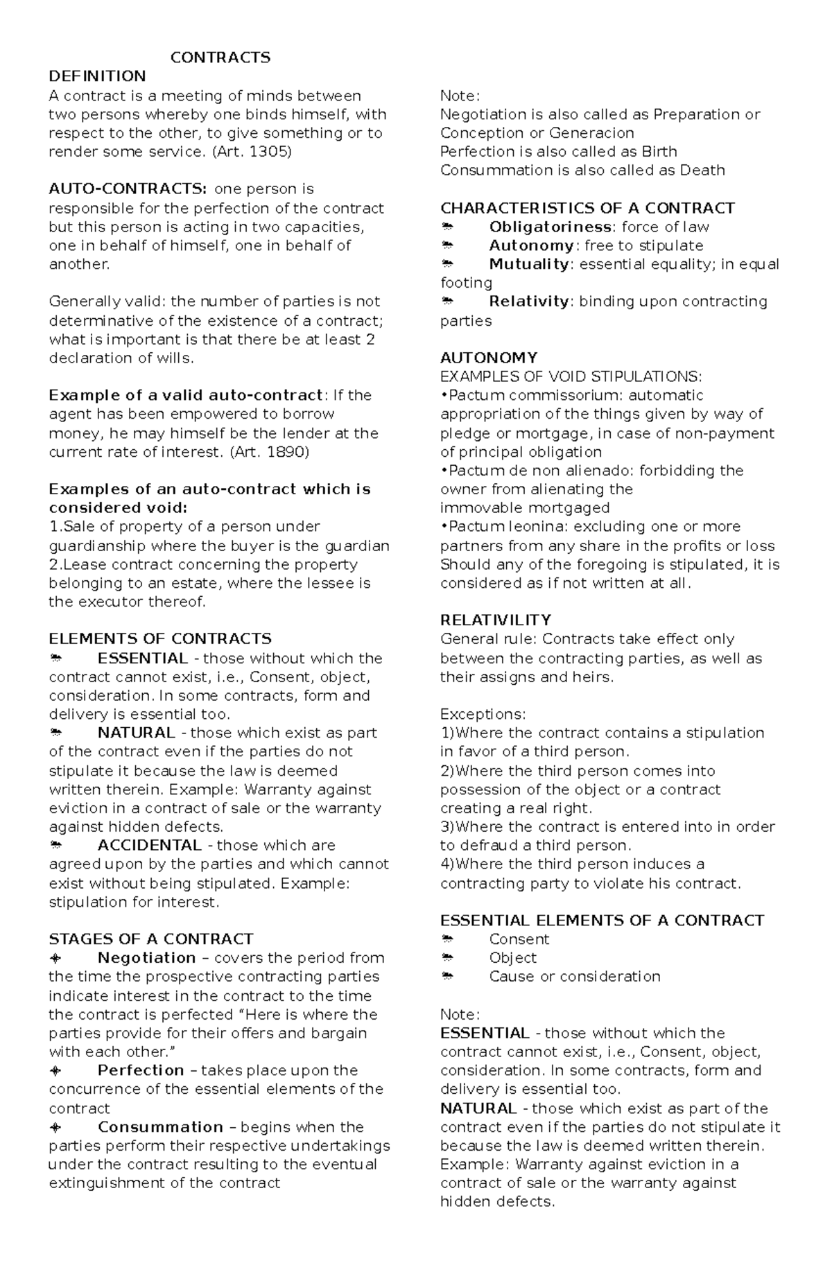 Contracts (LAW 101) - Essential Elements and Characteristics - Studocu
