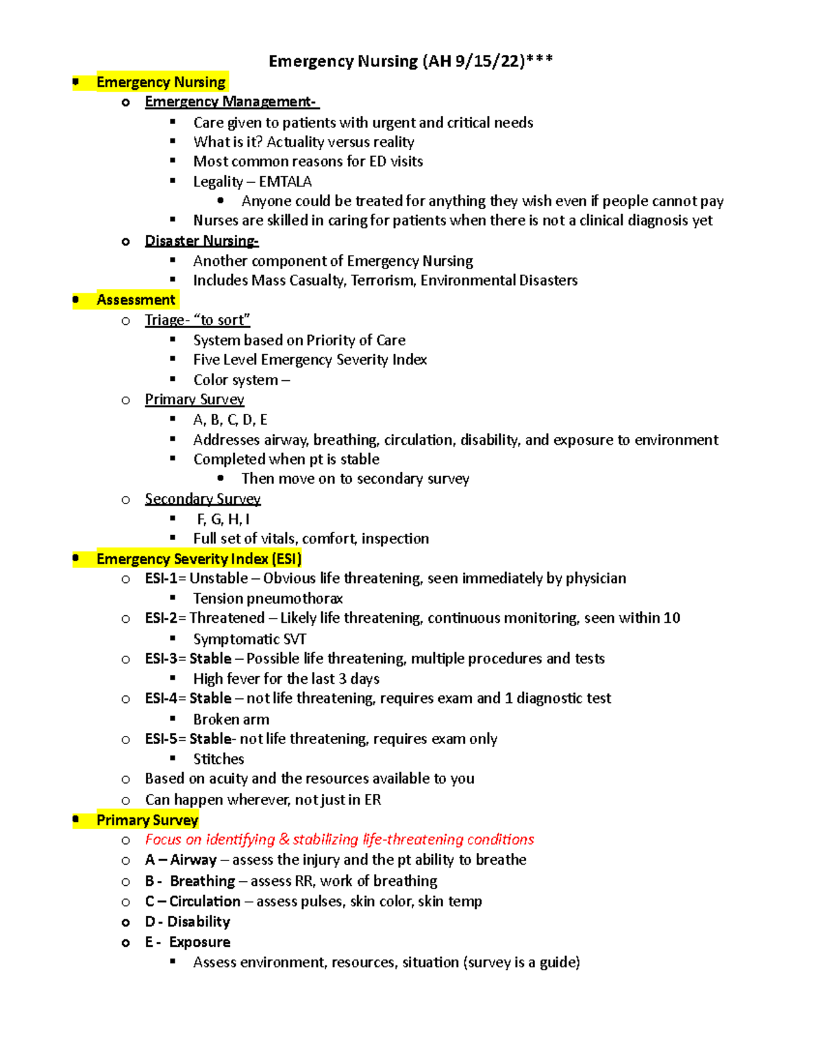 Emergency Nursing Study Notes for AH 9/15/22 Final Exam - Studocu