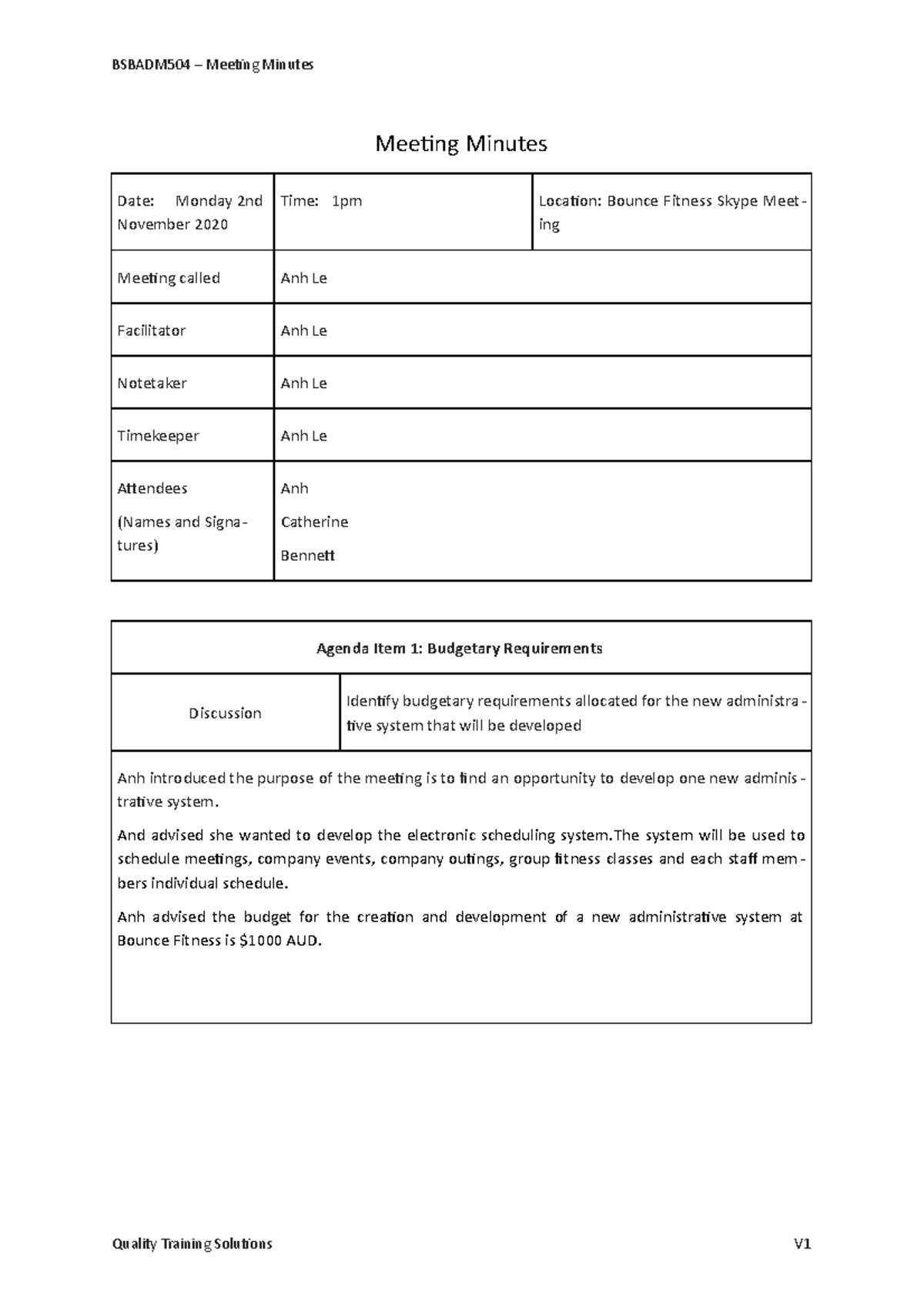 BSBADM504 - Meeting Minutes for Admin Systems Planning & Implementation ...