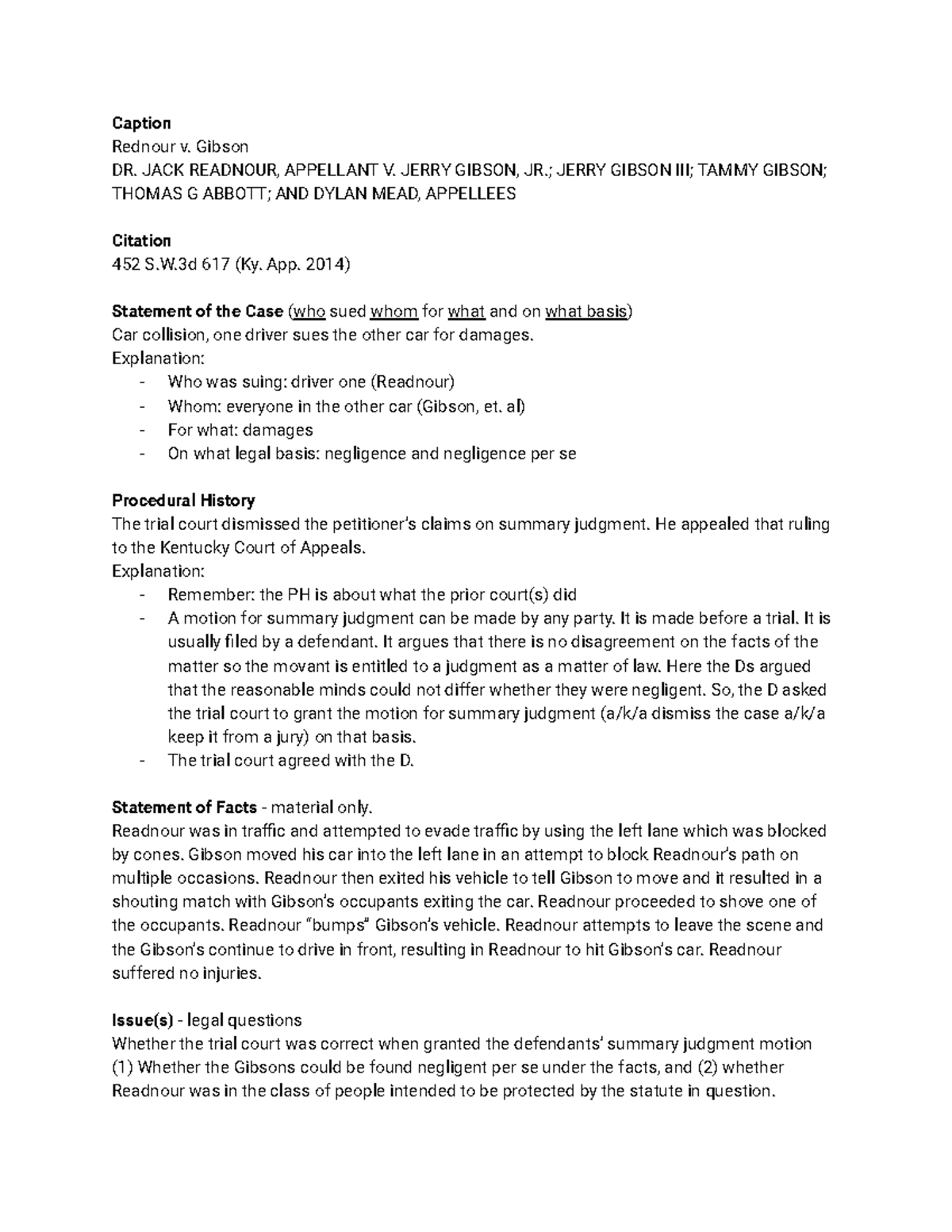 Rednour v. Gibson Case Brief - Summary Judgment Appeal Analysis - Studocu