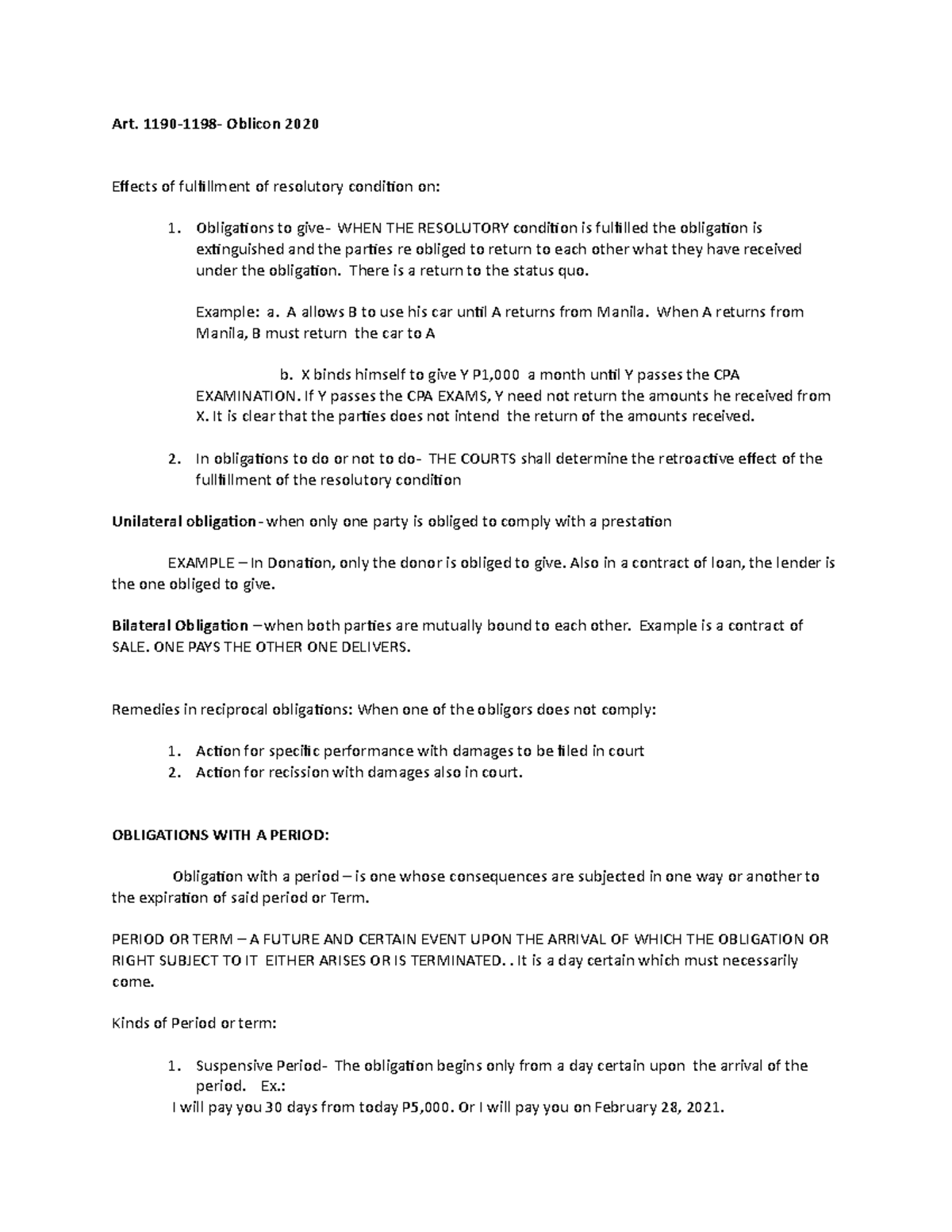 Art. 1190-1198 Oblicon 2020: Effects of Resolutory Conditions in ...