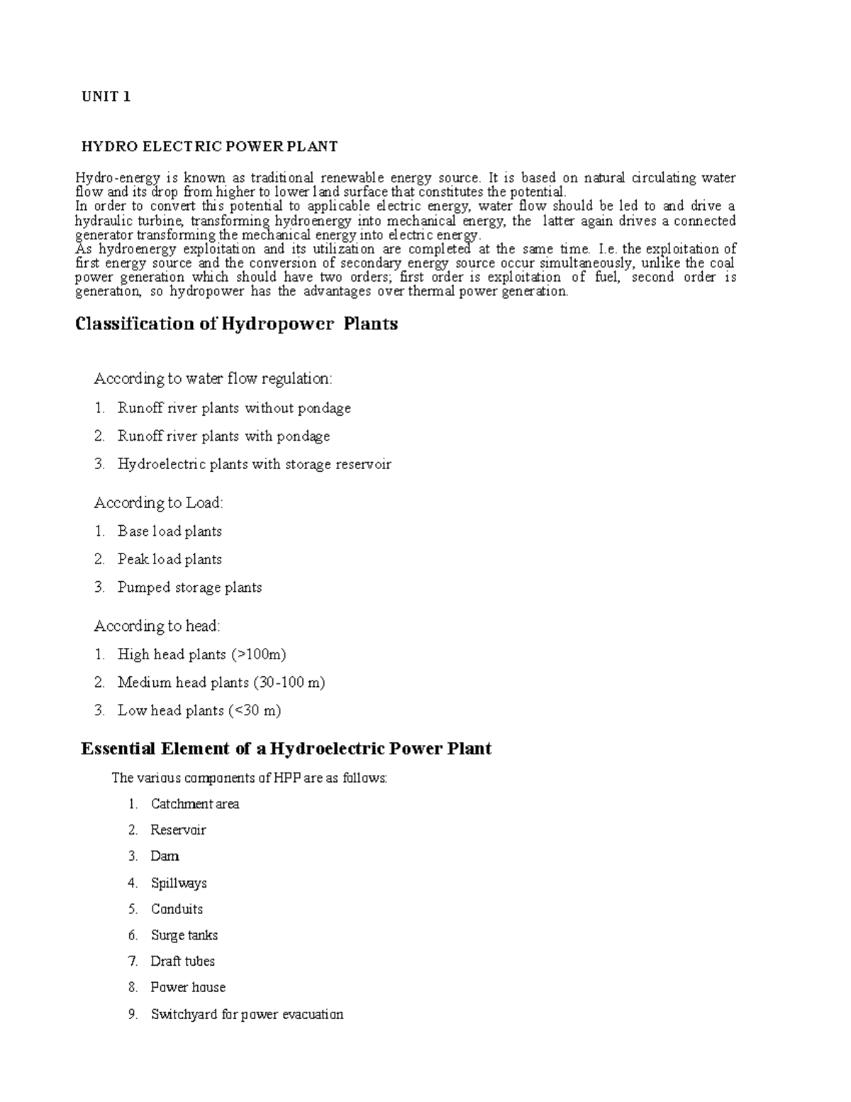 Unit 1 EPGC: Hydroelectric Power Plant Overview and Components - Studocu