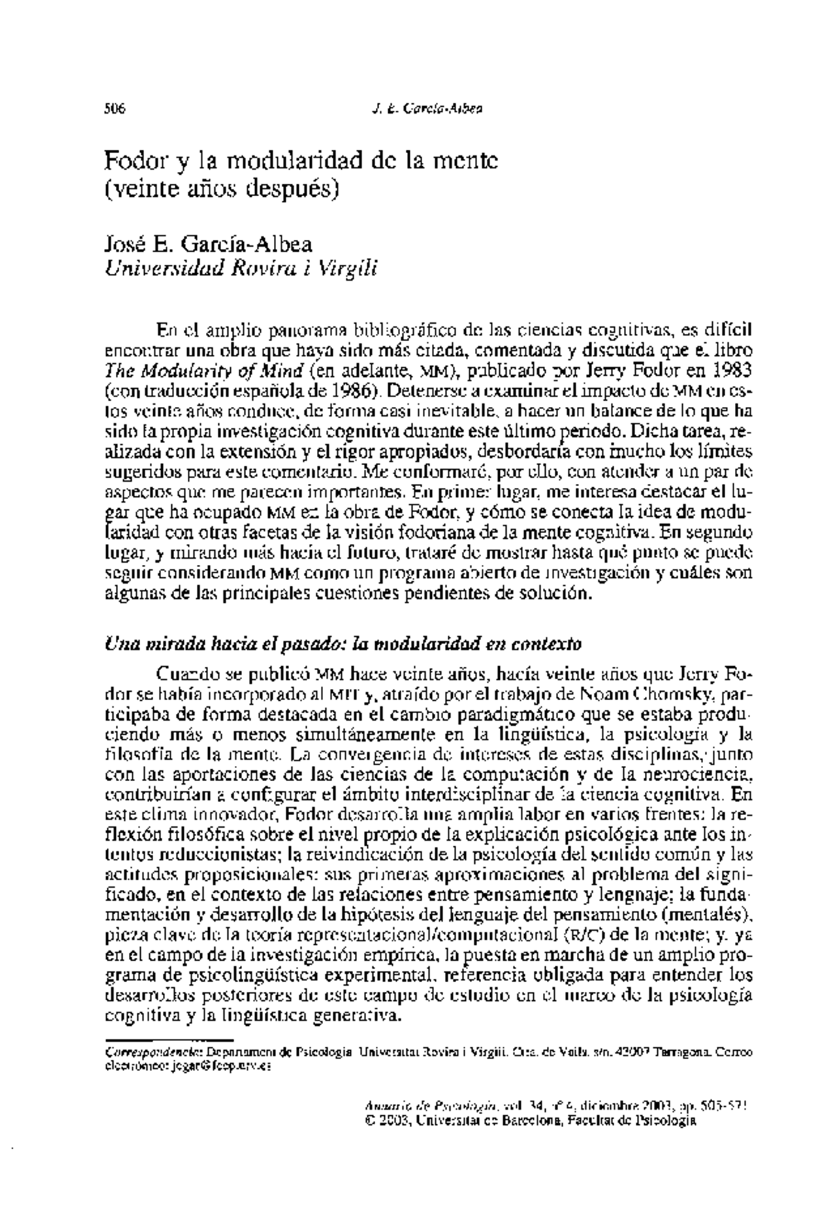 Fodor Y LA Modularidad DE LA Mente - 506 J. E. Garcia-Albea Fodor y la ...