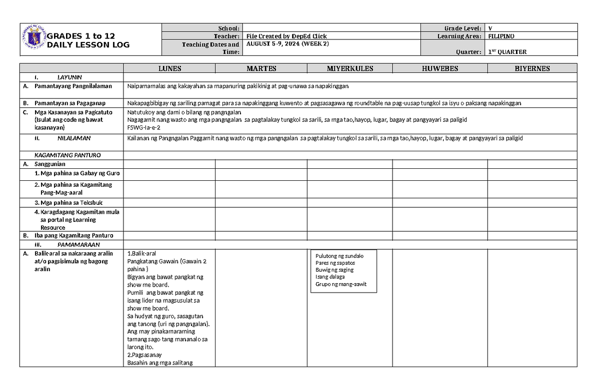 DLL Filipino 5 Q1 W2 - DLL - GRADES 1 to 12 DAILY LESSON LOG School ...
