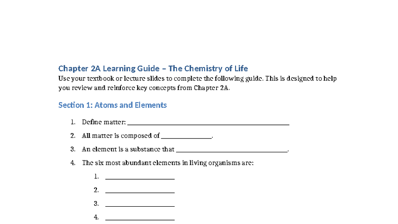 Chapter 2A Learning Guide: The Chemistry of Life Concepts & Practice ...