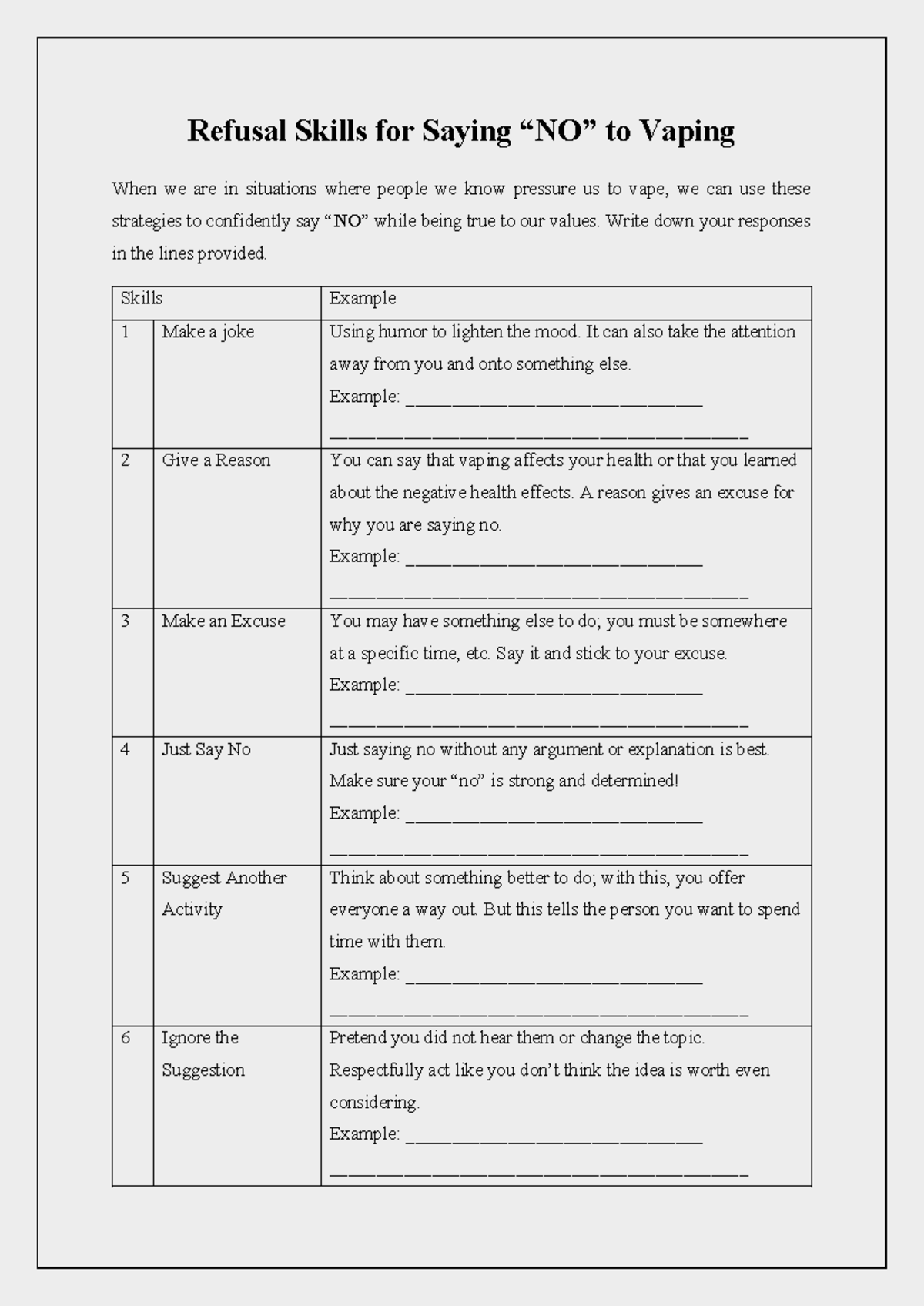 Lesson Plan #3 Refusal Skills Handout - Refusal Skills for Saying “NO ...
