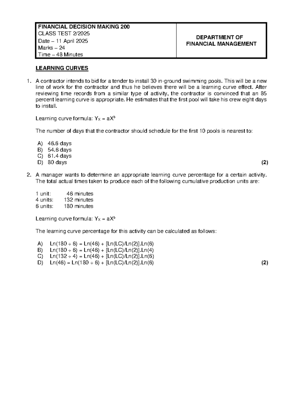 2025 FDM 200 Class Test 2: Financial Decision Making Insights - Studocu