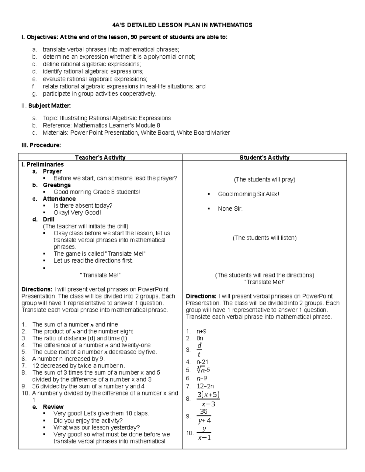 Mathematics 8: 4A's Detailed Lesson Plan on Rational Algebraic ...