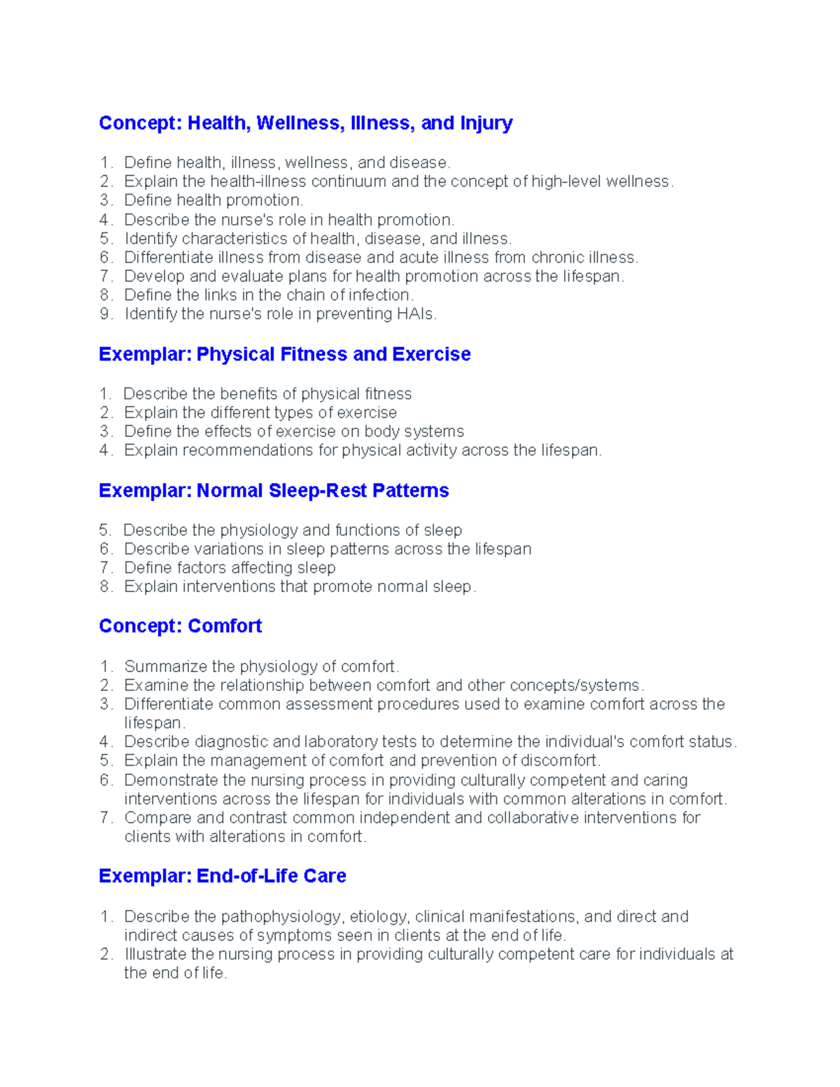 NUR 101 Exam 1 Study Guide: Health, Wellness, and Comfort Concepts ...