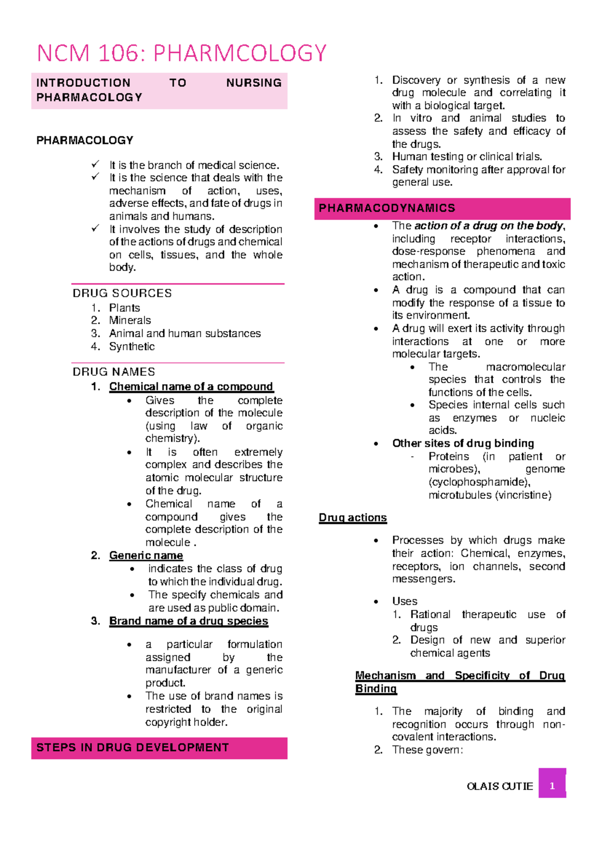NCM 106: Pharmacology Midterm Study Notes on Drug Mechanisms and ...