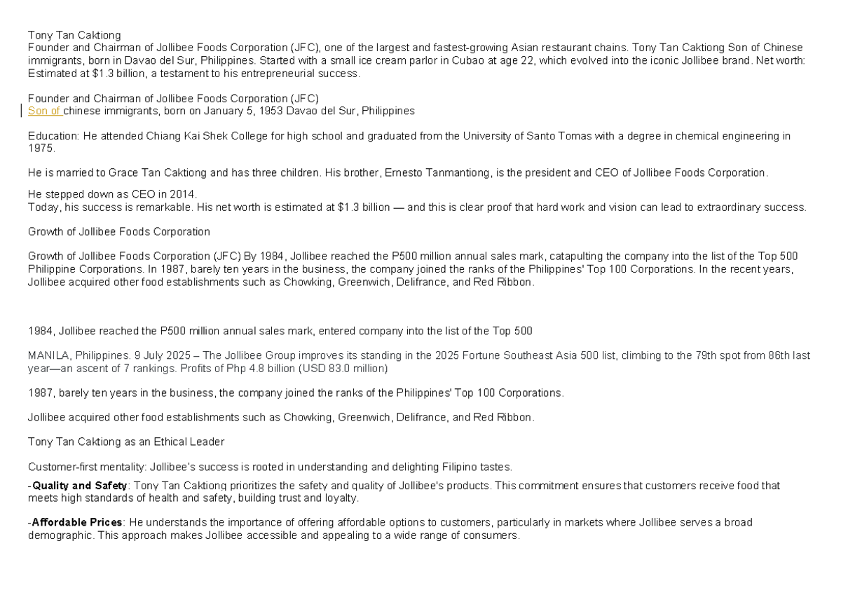 Tony Tan Caktiong: Founder of Jollibee Foods Corp - Presentation Notes ...