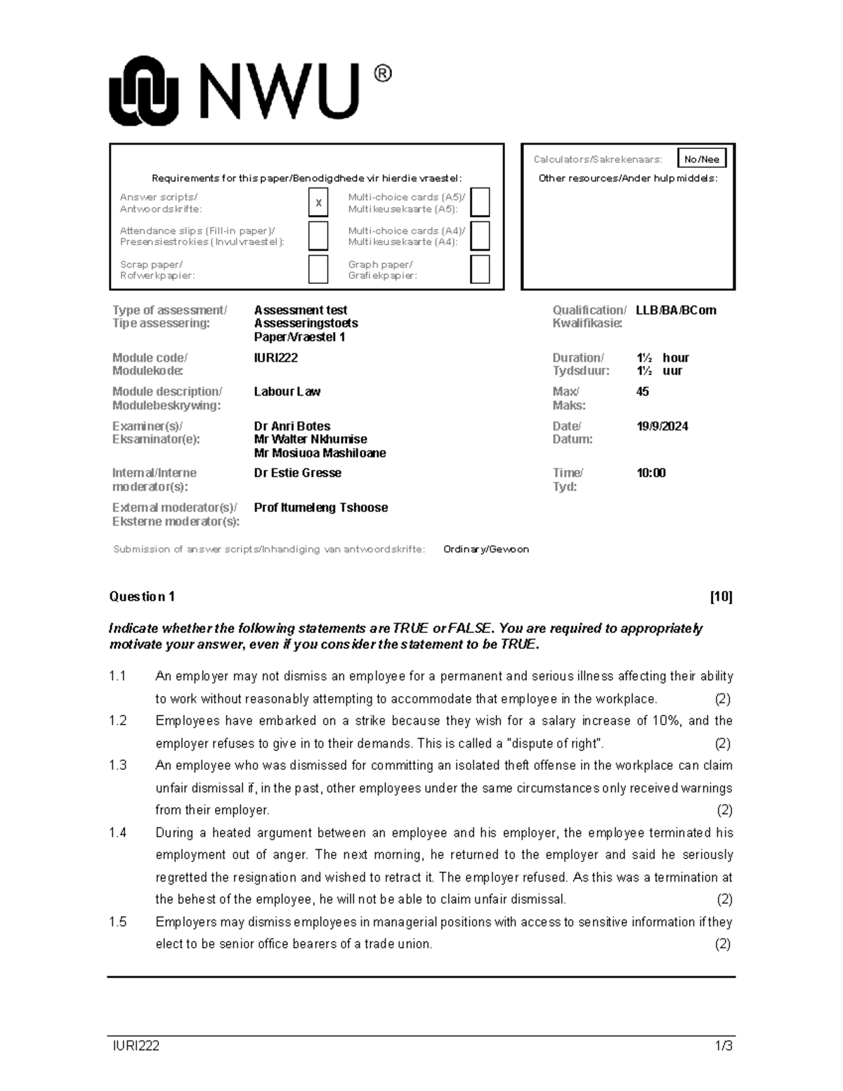 IURI222 Test 2 2024: Labour Law Assessment Guide - Studocu