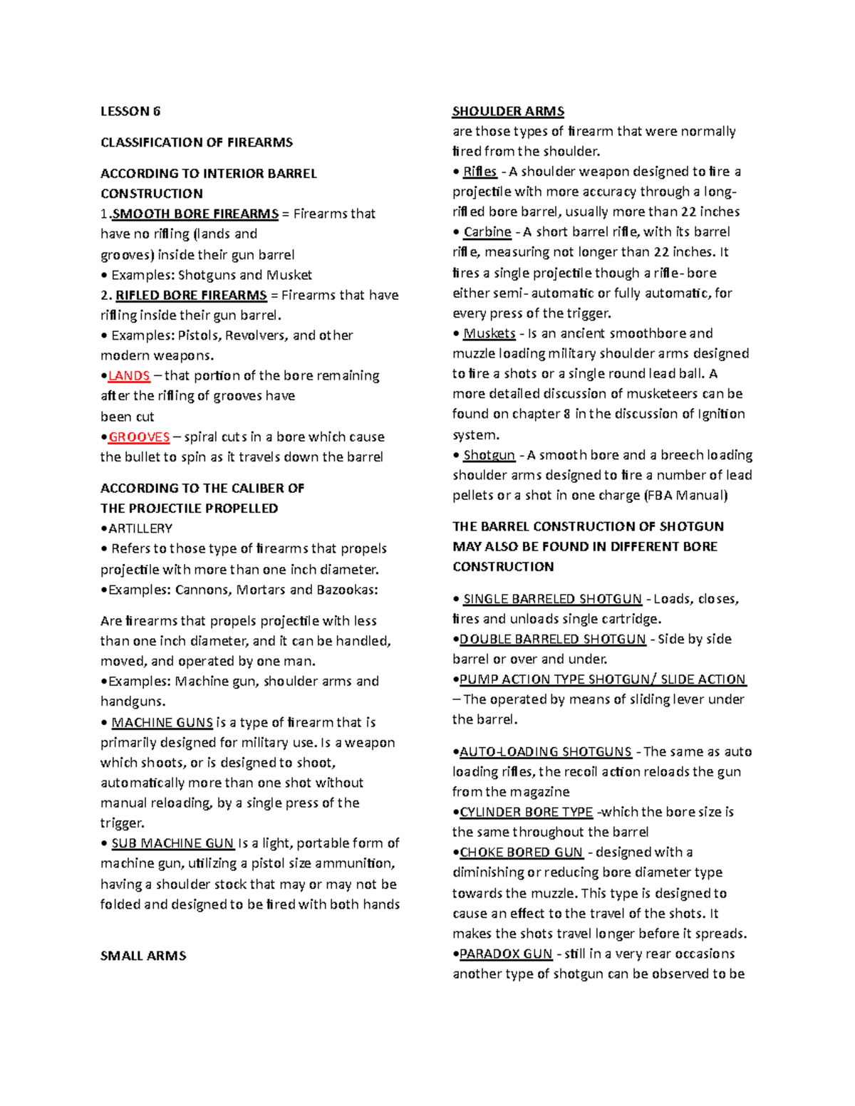 Ballistics-reviewer-lesson 6to10 - LESSON 6 CLASSIFICATION OF FIREARMS ...