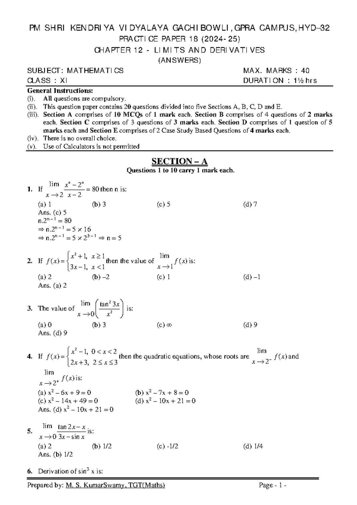 Maths Class XI Practice Paper 18: Chapter 12 Limits & Derivatives (Answers) - Studocu