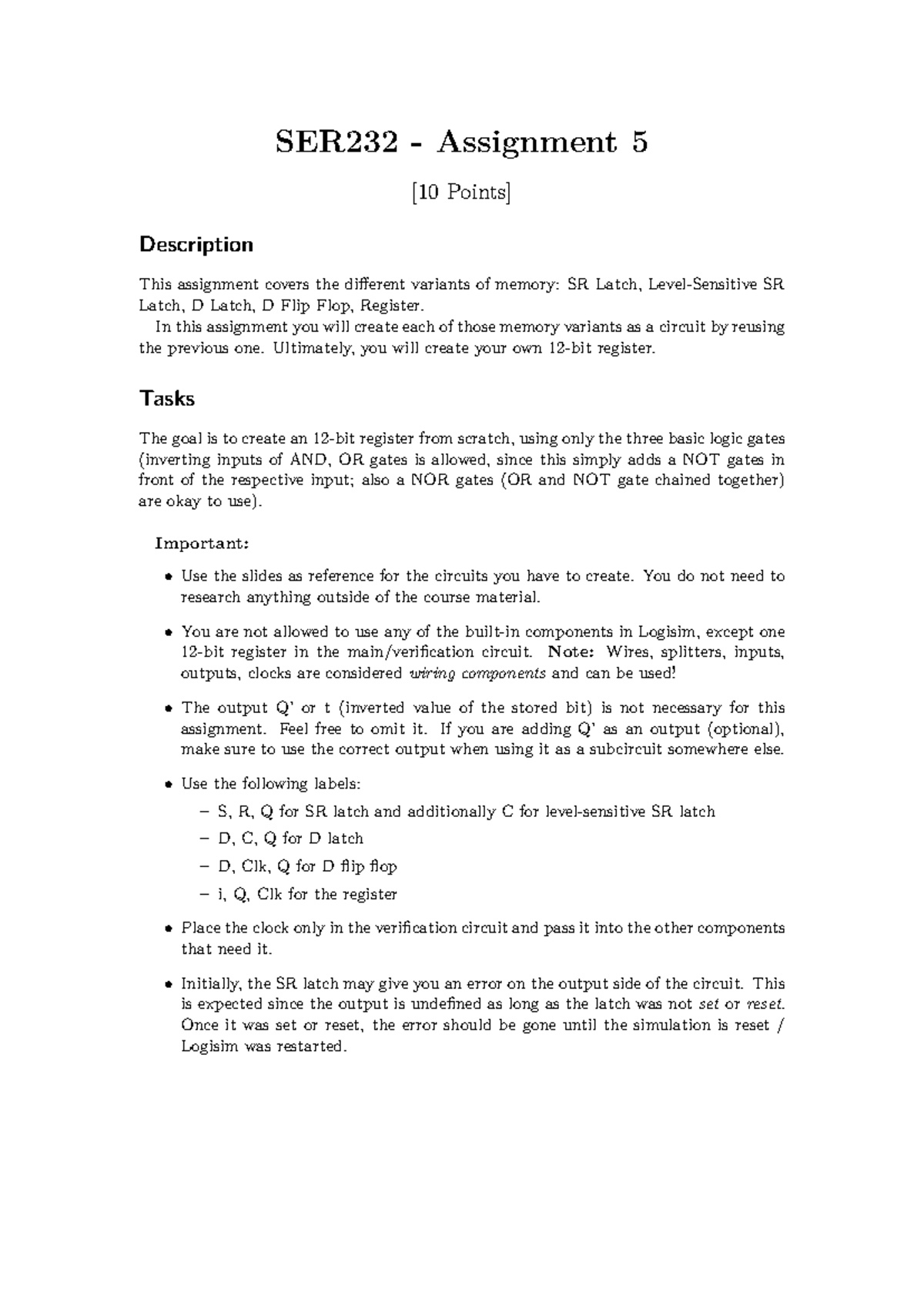SER232-Assignment 5: Memory Circuits and 12-Bit Register Creation - Studocu