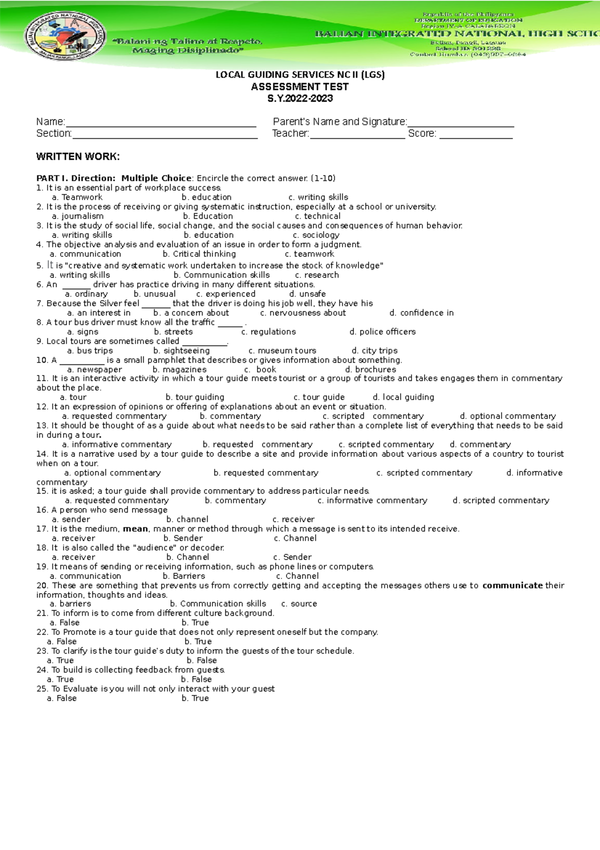 Assessment TEST- Local- Guiding- Services-GAA - LOCAL GUIDING SERVICES ...