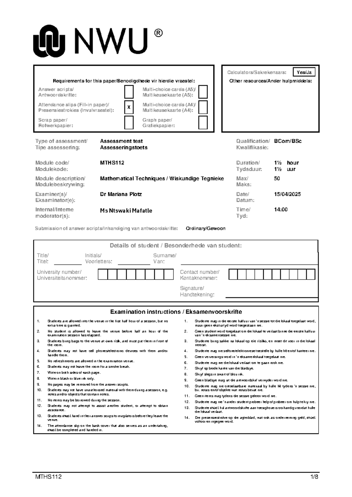 MTHS112 2025 SEM TEST - Past Exam Instructions and Questions - Studocu