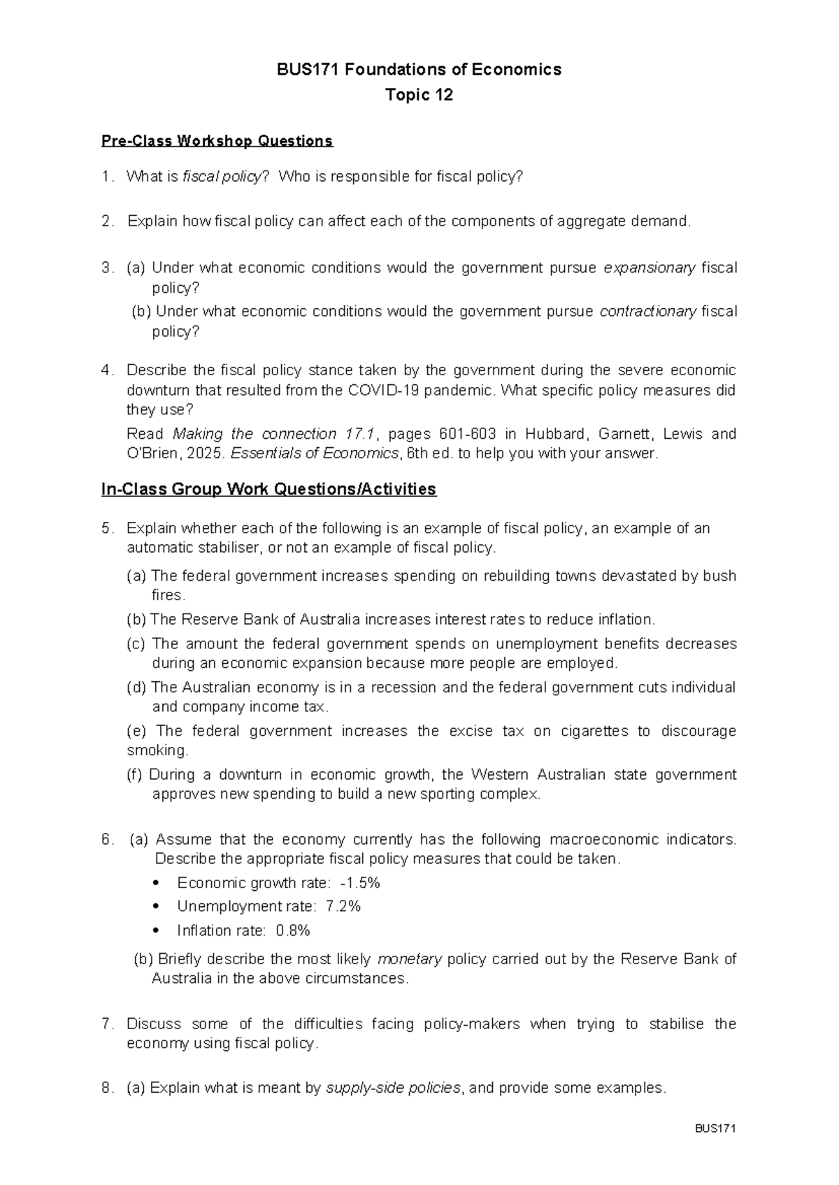 BUS171 Foundations of Economics Topic 12 Workshop Questions - Studocu