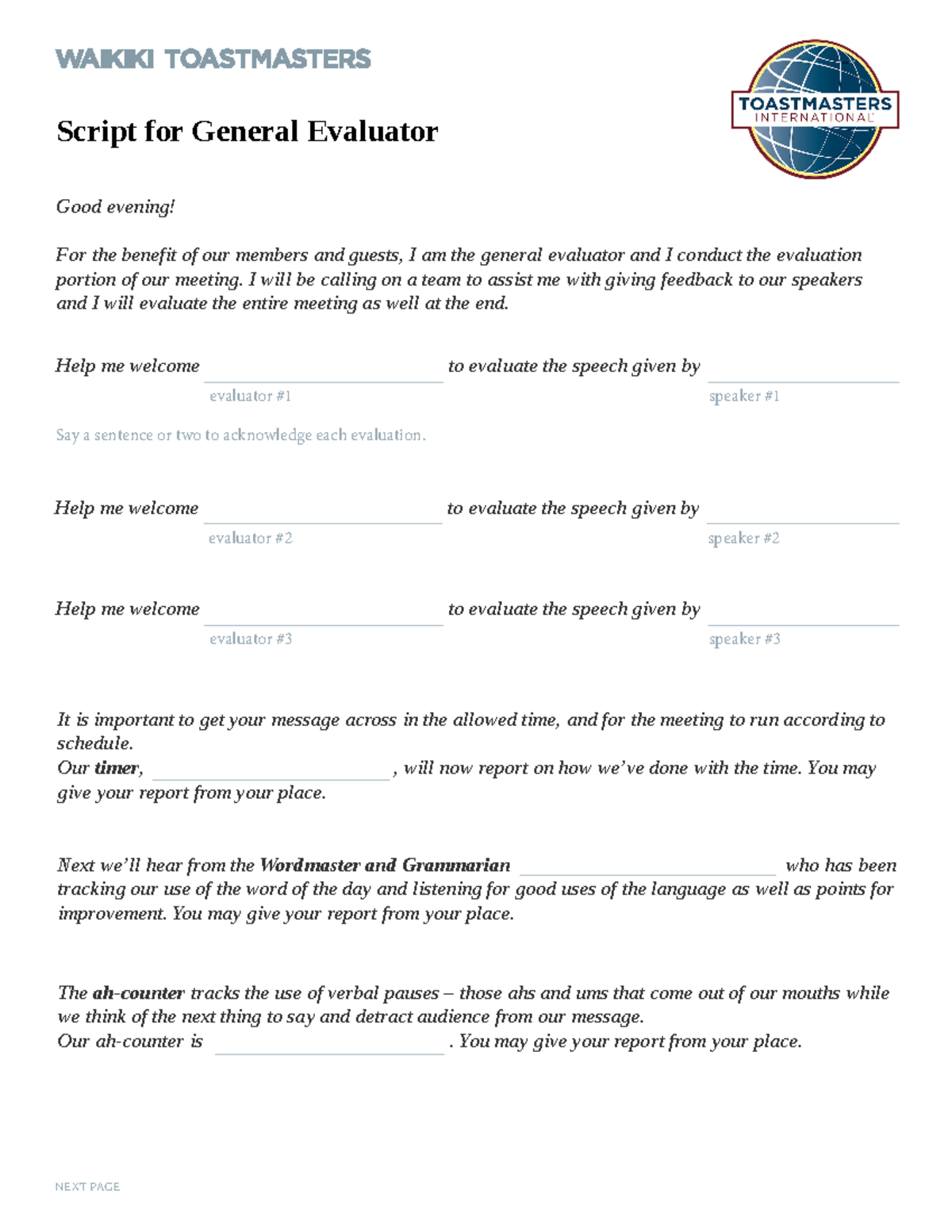 General Evaluator Script for Evaluation Meetings - Studocu
