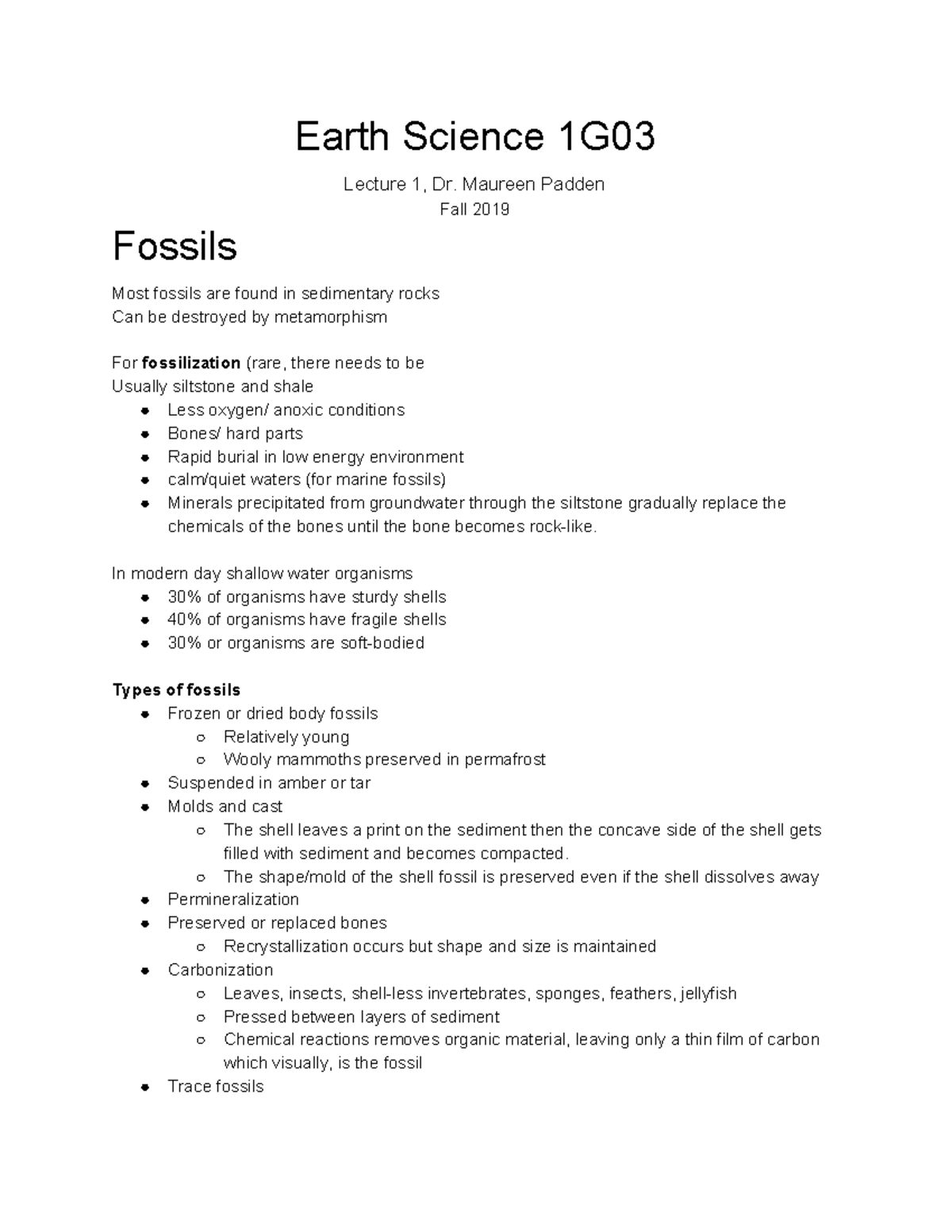 Earth Science 1G: Fossils Lecture and Textbook Notes Summary - Studocu