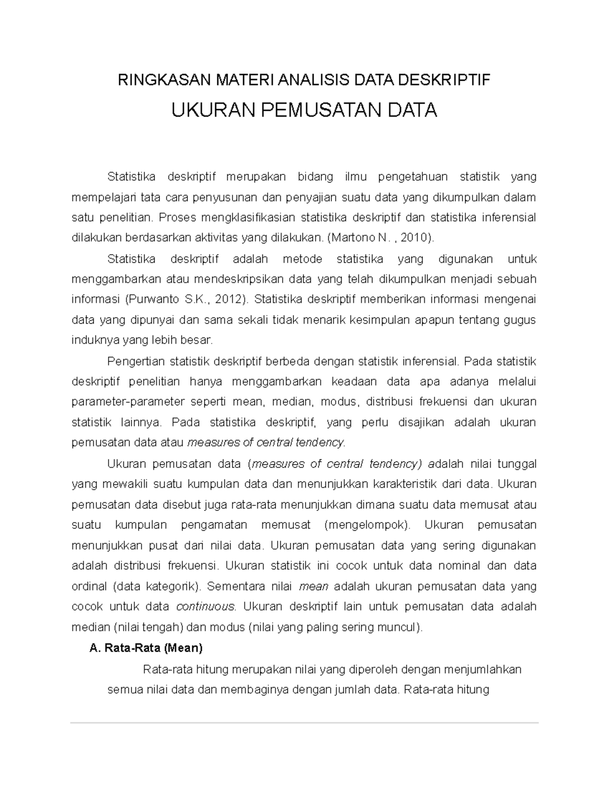 Ringkasan Materi Analisis DATA Deskriptif: Ukuran Pemusatan DATA - Studocu