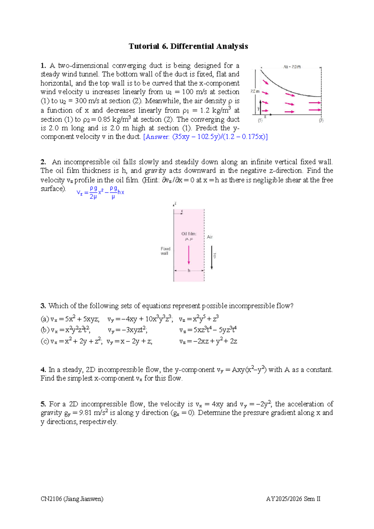 Tutorial 6: Differential Analysis in Fluid Dynamics CN2106 - Studocu