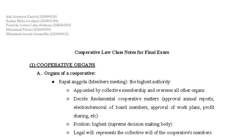 COOPERATIVE LAW CLASS NOTES FOR FINAL EXAM (GNS) - Studocu