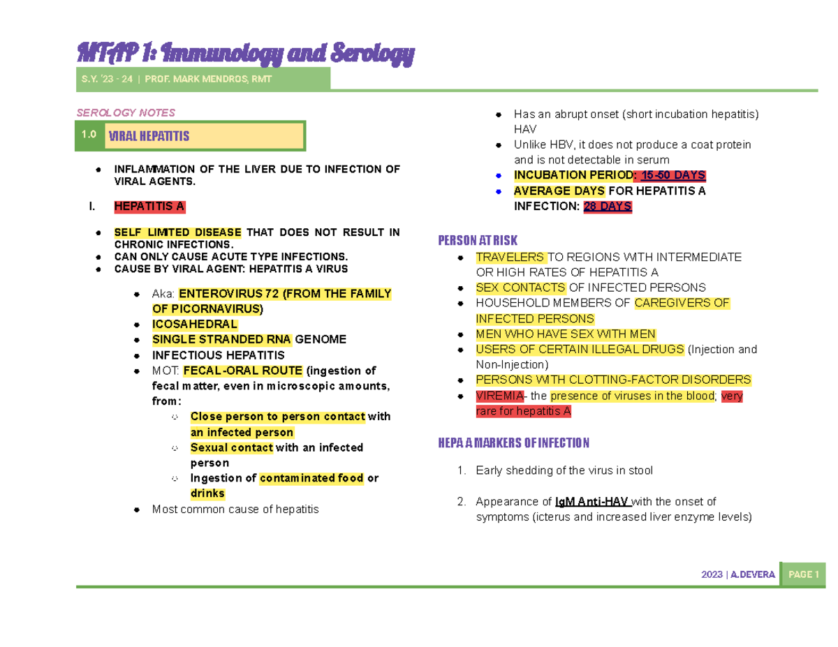 Serology Notes for Hepatitis & HIV - S. '23 - 24 - Studocu