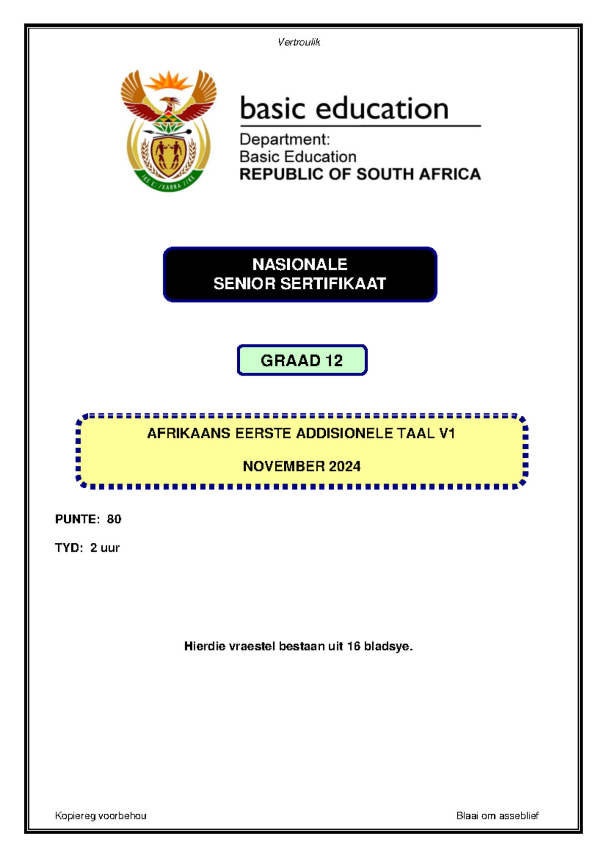 Afrikaans FAL P1 V1 Final Exam Nov 2024 - Grade 12 NSS - Studocu