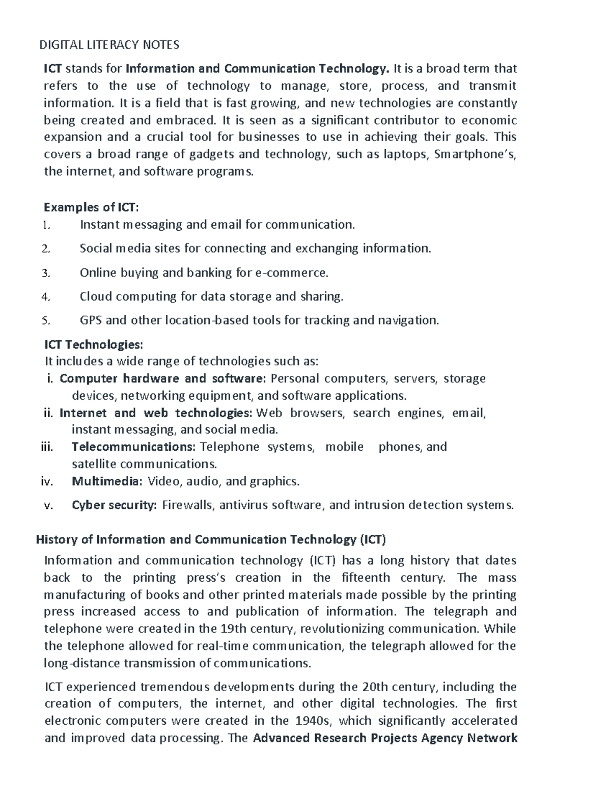 DIGITAL LITERACY NOTES (ICT) - A Comprehensive Overview - Studocu