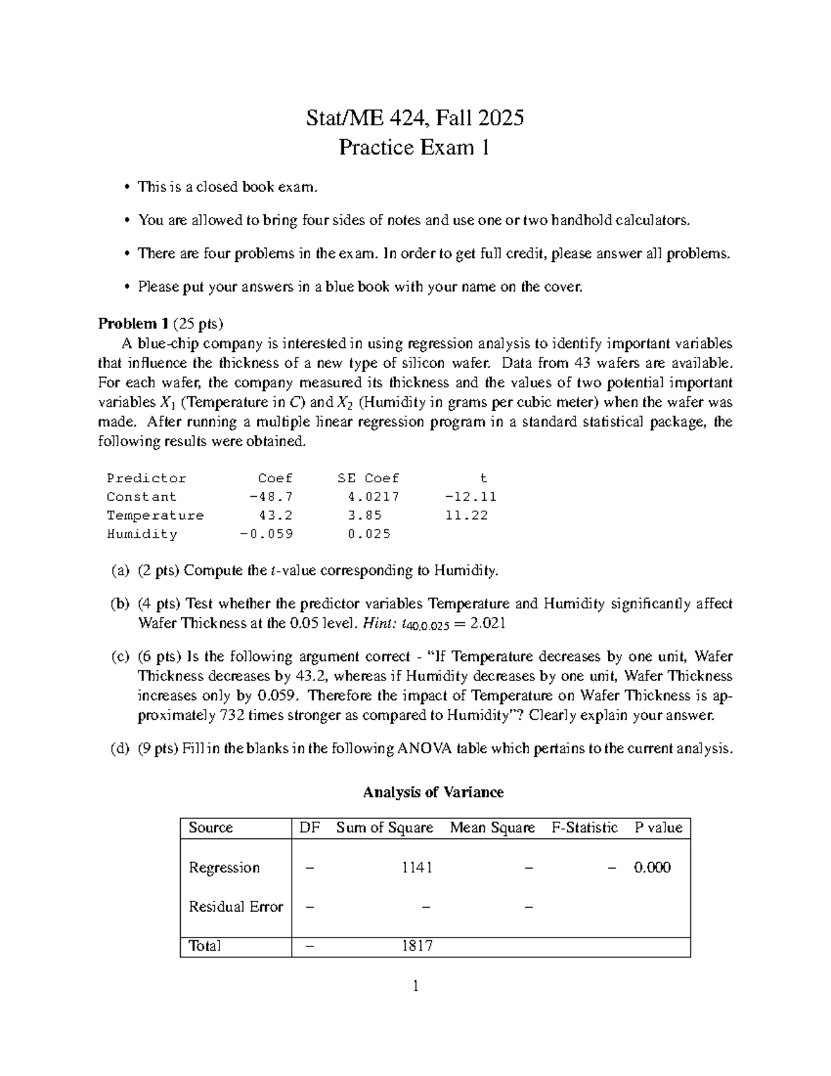 424 F25 Practice Exam 1: Regression & ANOVA Problems - Studocu
