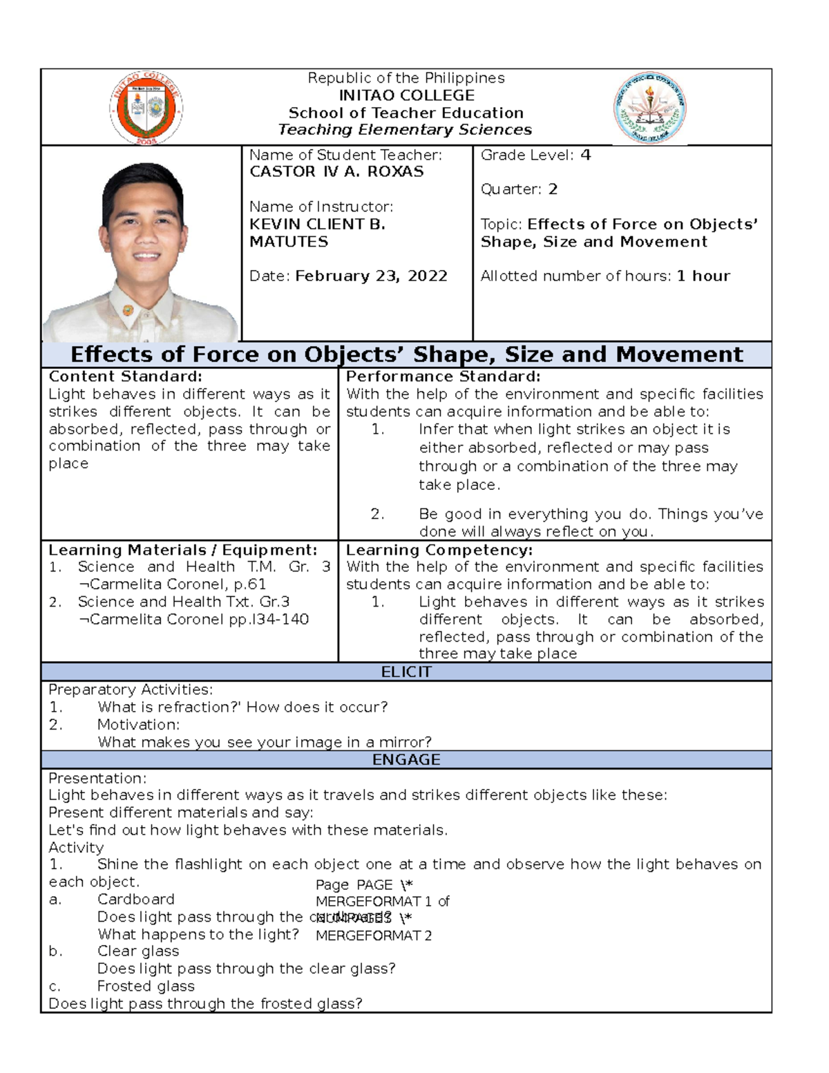 SCI C4 Lesson Plan: Effects of Force on Objects' Shape & Light Behavior ...