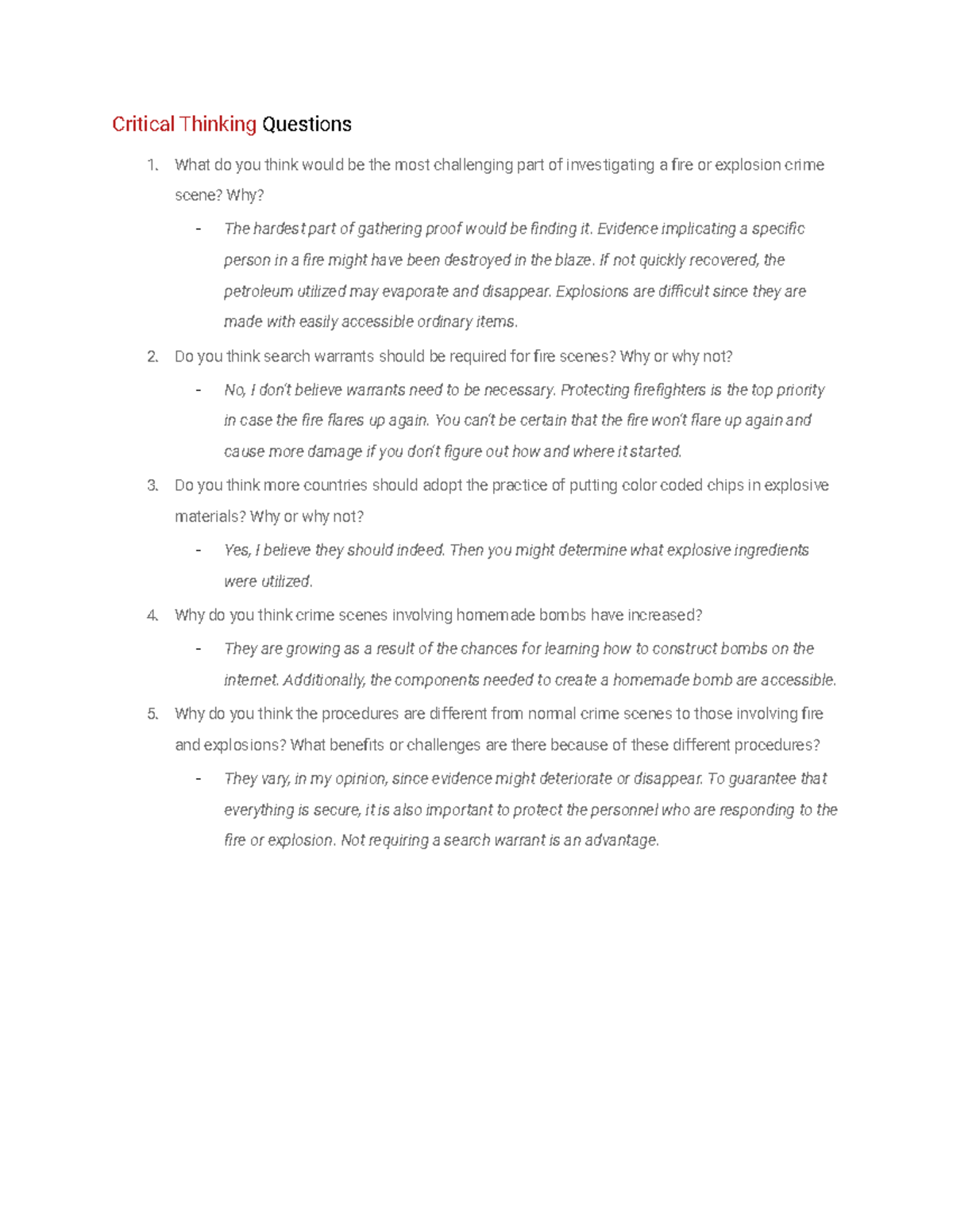 UNIT 8 Critical Thinking Qs on Fire & Explosion Investigations - Studocu