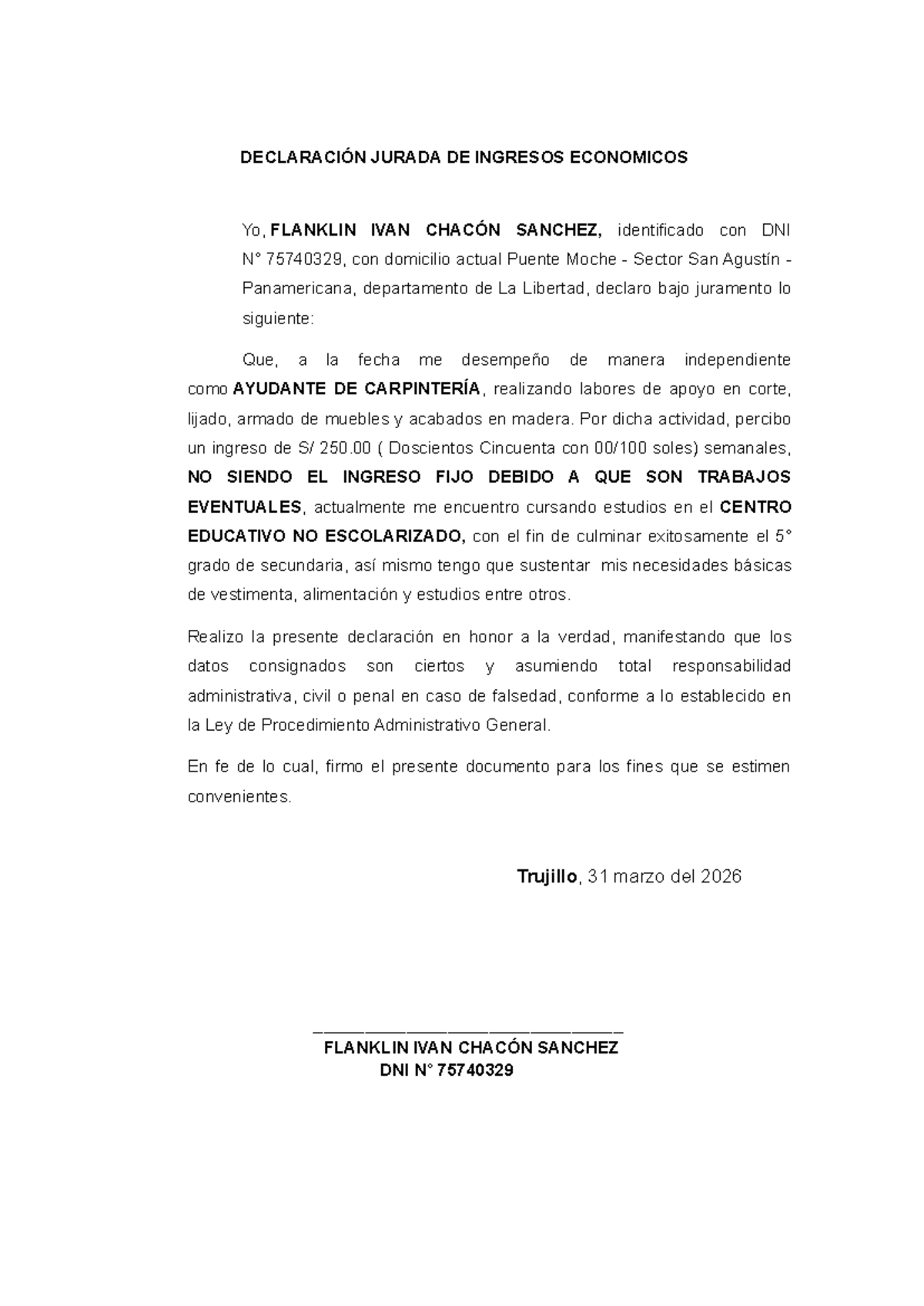 Declaración Jurada de Ingresos Mensuales - FLANKLIN IVAN CHACÓN S ...