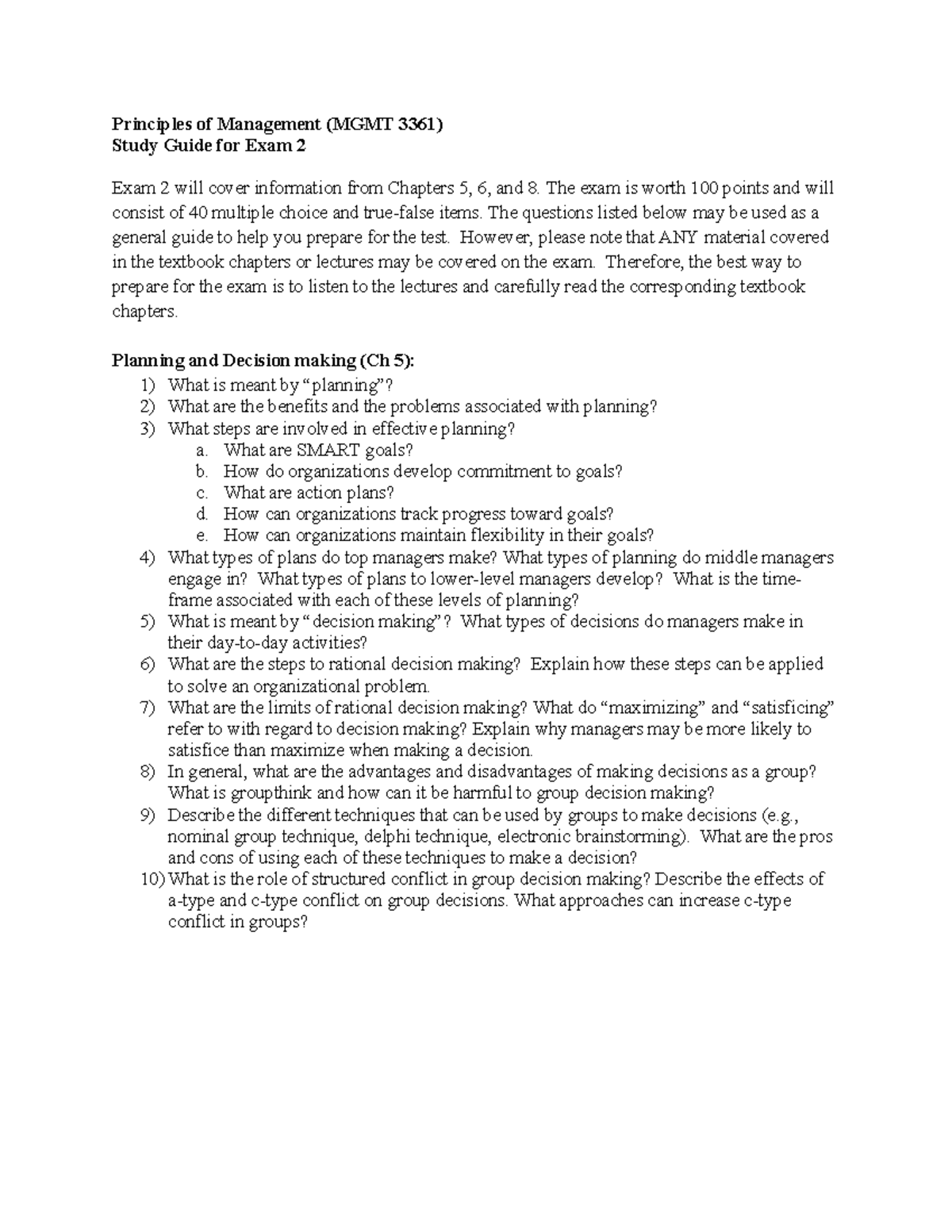 MGMT 3361 Exam 2 Study Guide: Key Concepts from Ch 5, 6, & 8 - Studocu