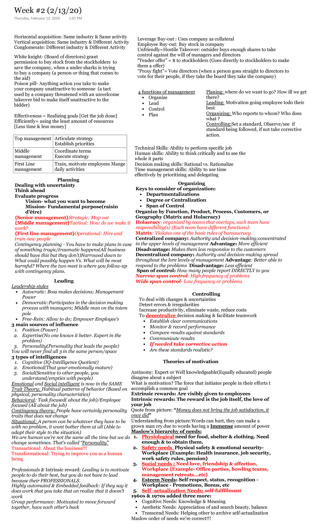 MGT 101 - Week 2 Chapter Overview: Management Functions & Theory - Studocu