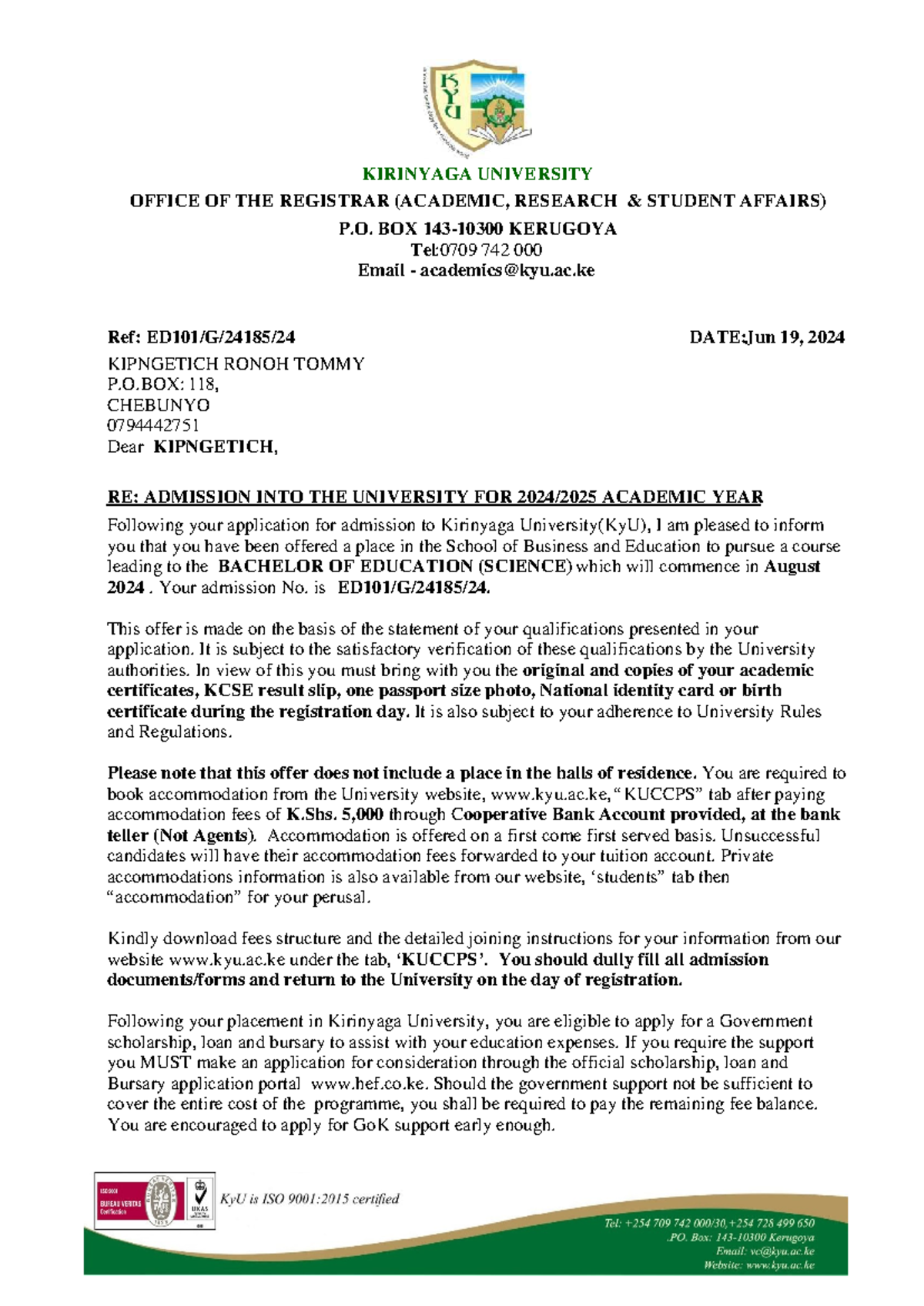 Adm Letter-ED101G2418524 - KIRINYAGA UNIVERSITY OFFICE OF THE REGISTRAR ...