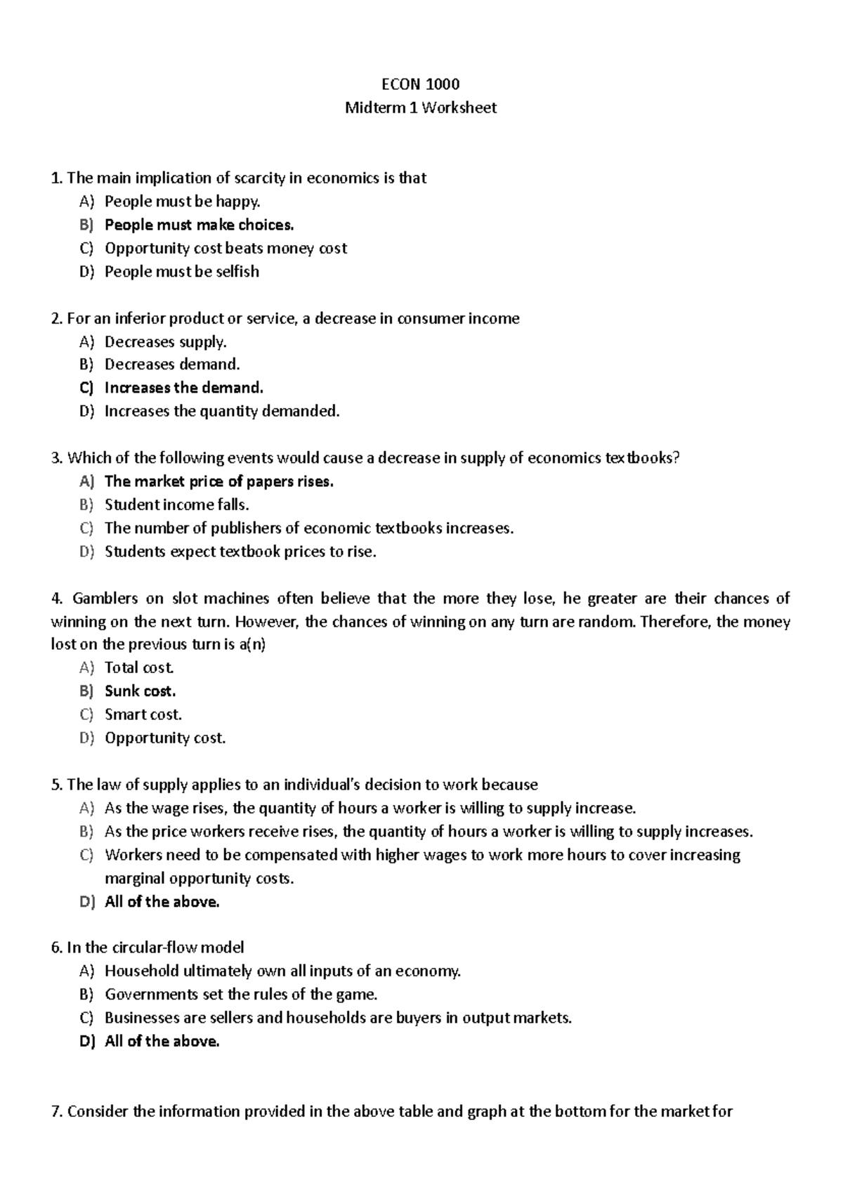 practice econ sheet - ECON 1000 Midterm 1 Worksheet The main ...