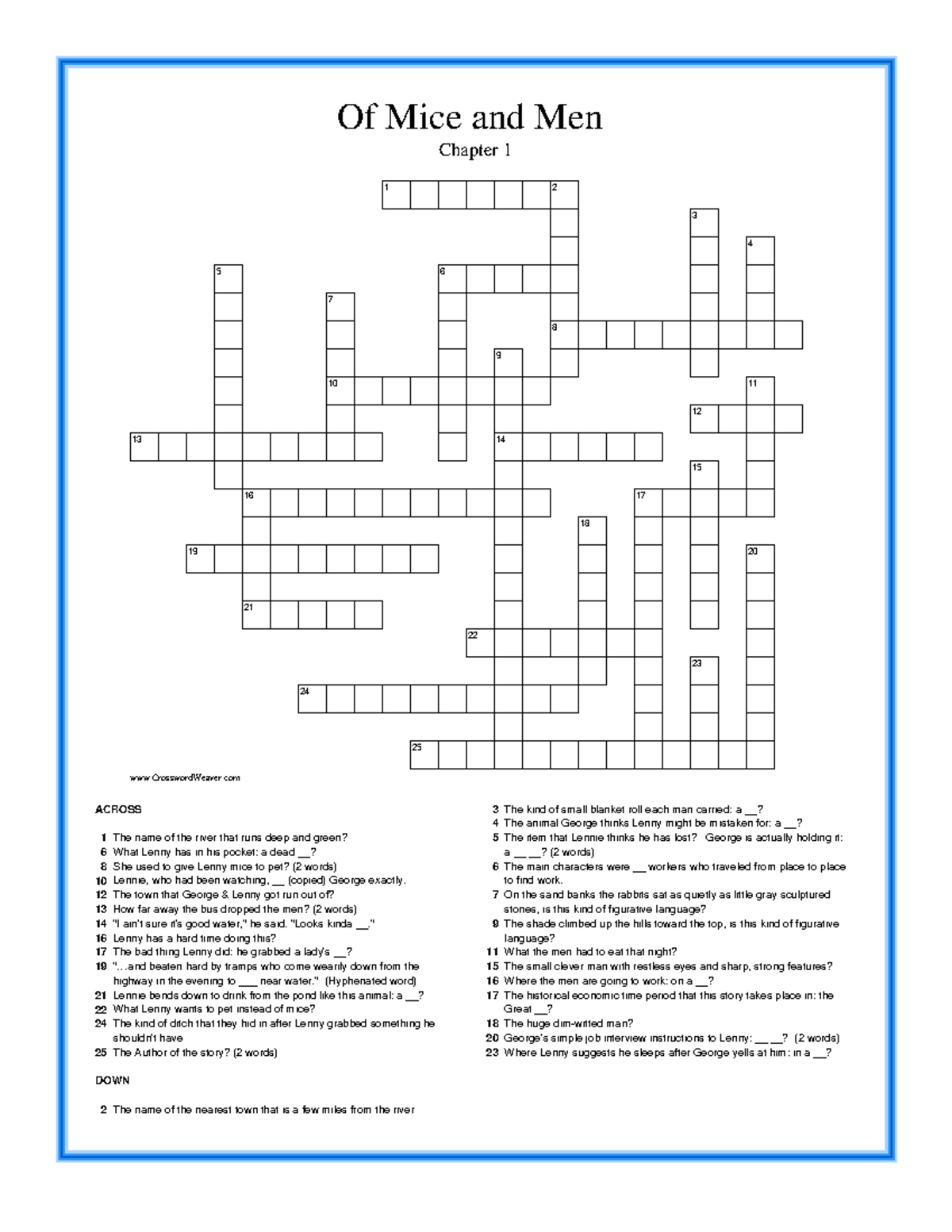 Of Mice and Men Ch. 1 Crossword Puzzle - Studocu