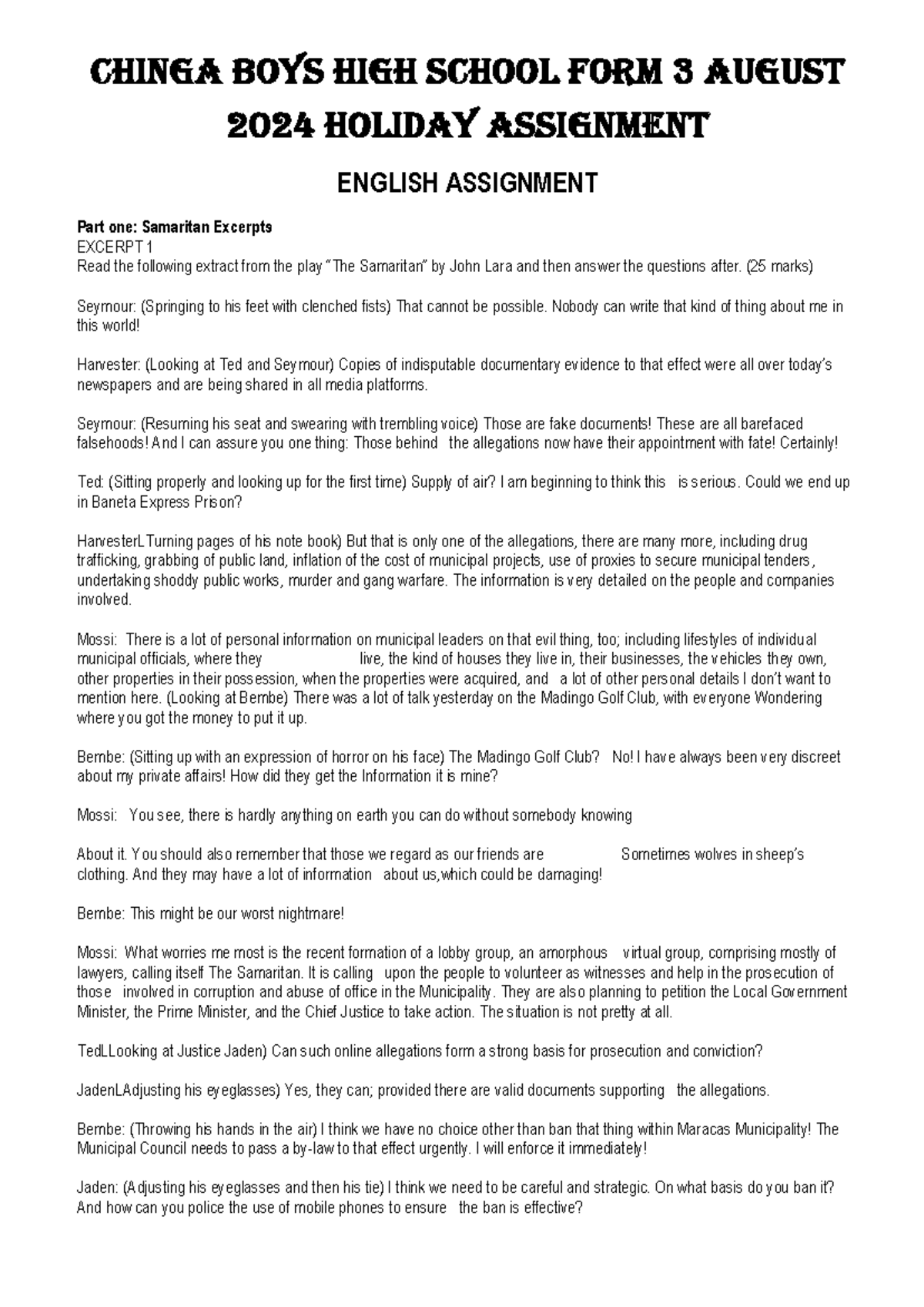 CBHS FORM 3 August 2024 Holiday Assignment - CHINGA BOYS HIGH SCHOOL ...