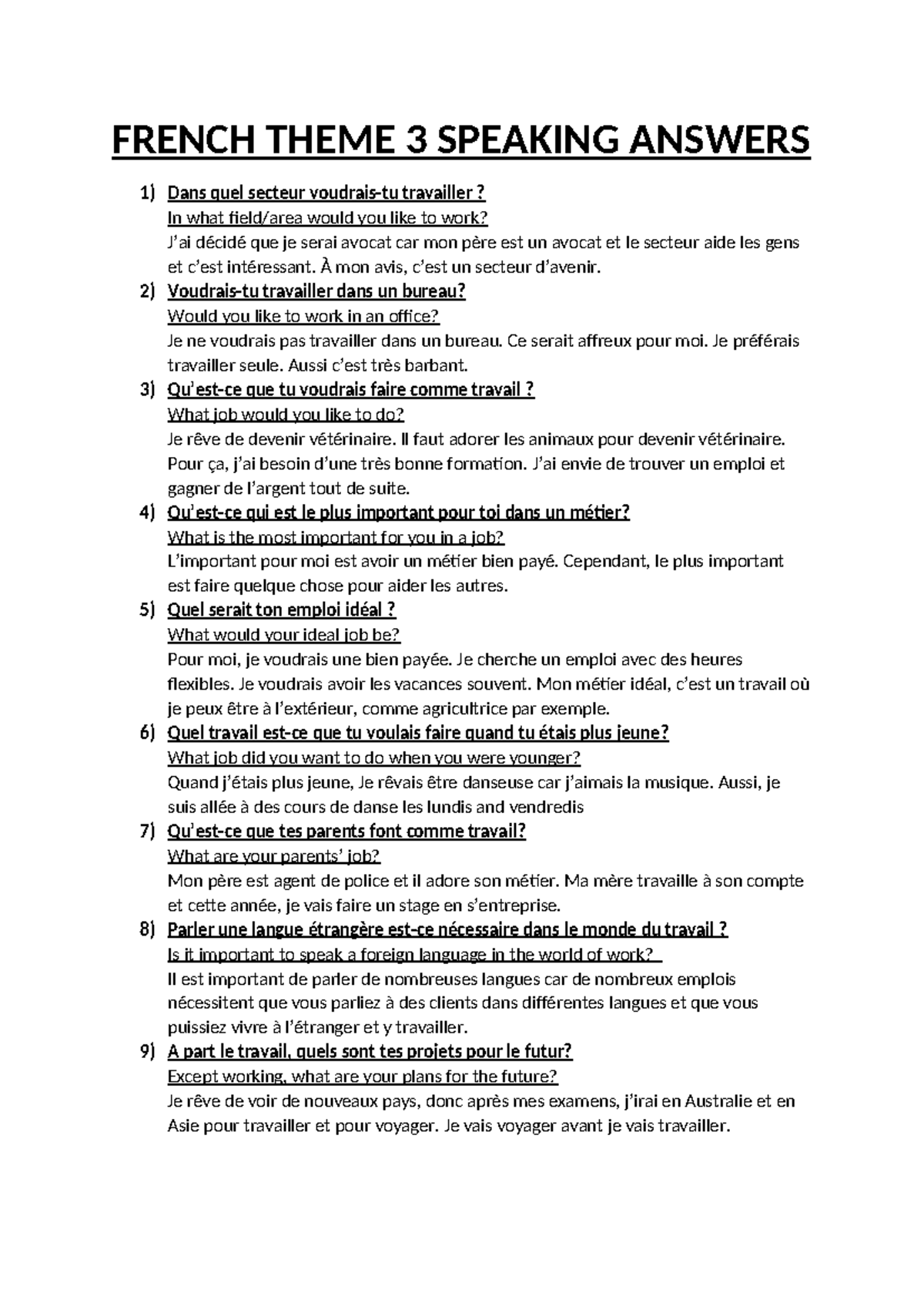 FRENCH 3: THÈME 3 SPEAKING RESPONSES FOR EXAMS - Studocu
