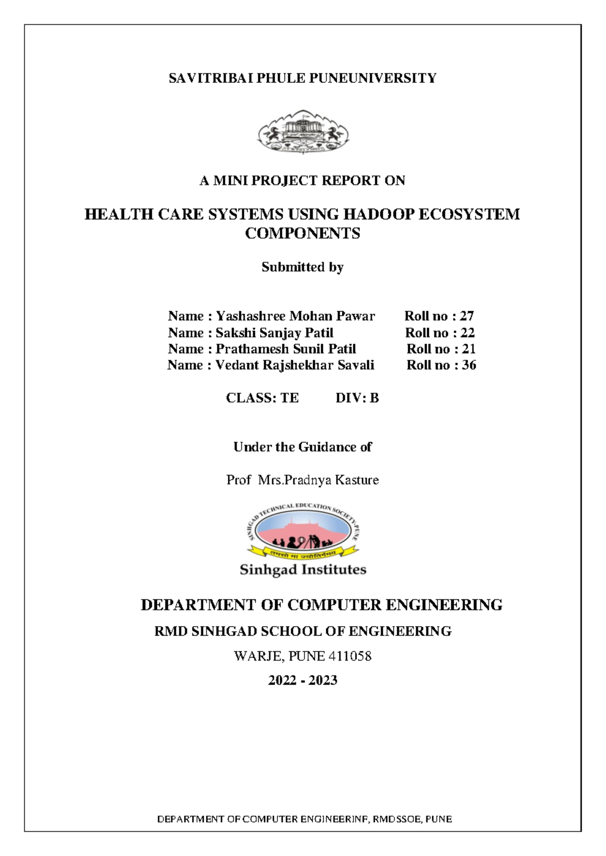 Case Study - Dsbda - DEPARTMENT OF COMPUTER ENGINEERINF, RMDSSOE, PUNE SAVITRIBAI PHULE - Studocu
