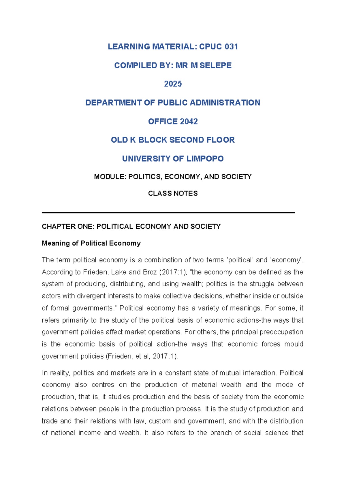 Political Economy Class Notes: CPUC 031 - Chapter One Overview - Studocu
