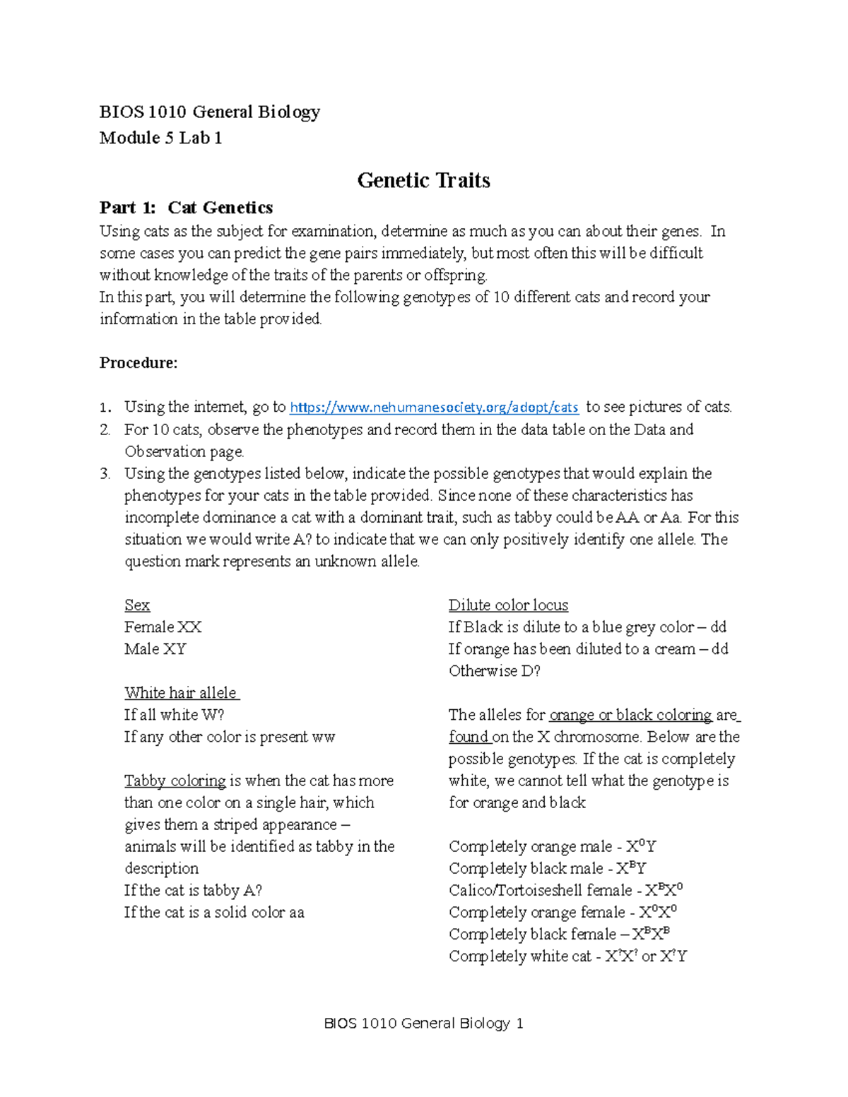 Module 5 Lab 1 Genetic Traits Instructions and Worksheet - BIOS 1010 ...