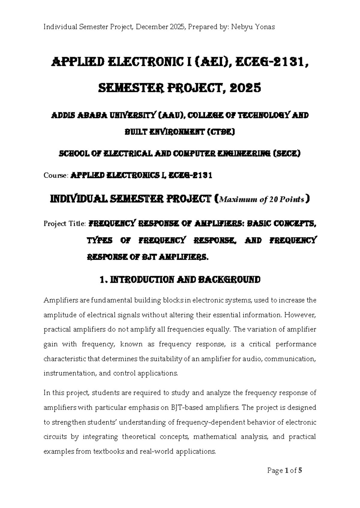 AEI ECEG-2131 Semester Project: Frequency Response of Amplifiers - Studocu