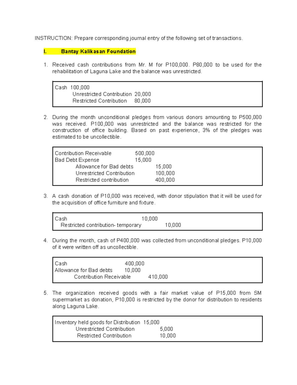 Journal Entry for NPO Transactions - Bantay Kalikasan Foundation - Studocu