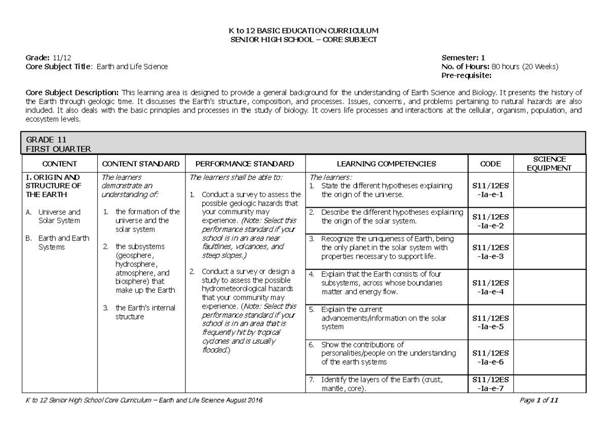 S11/12ES-CG: Core Concepts and Equipments in Earth & Life Science - Studocu