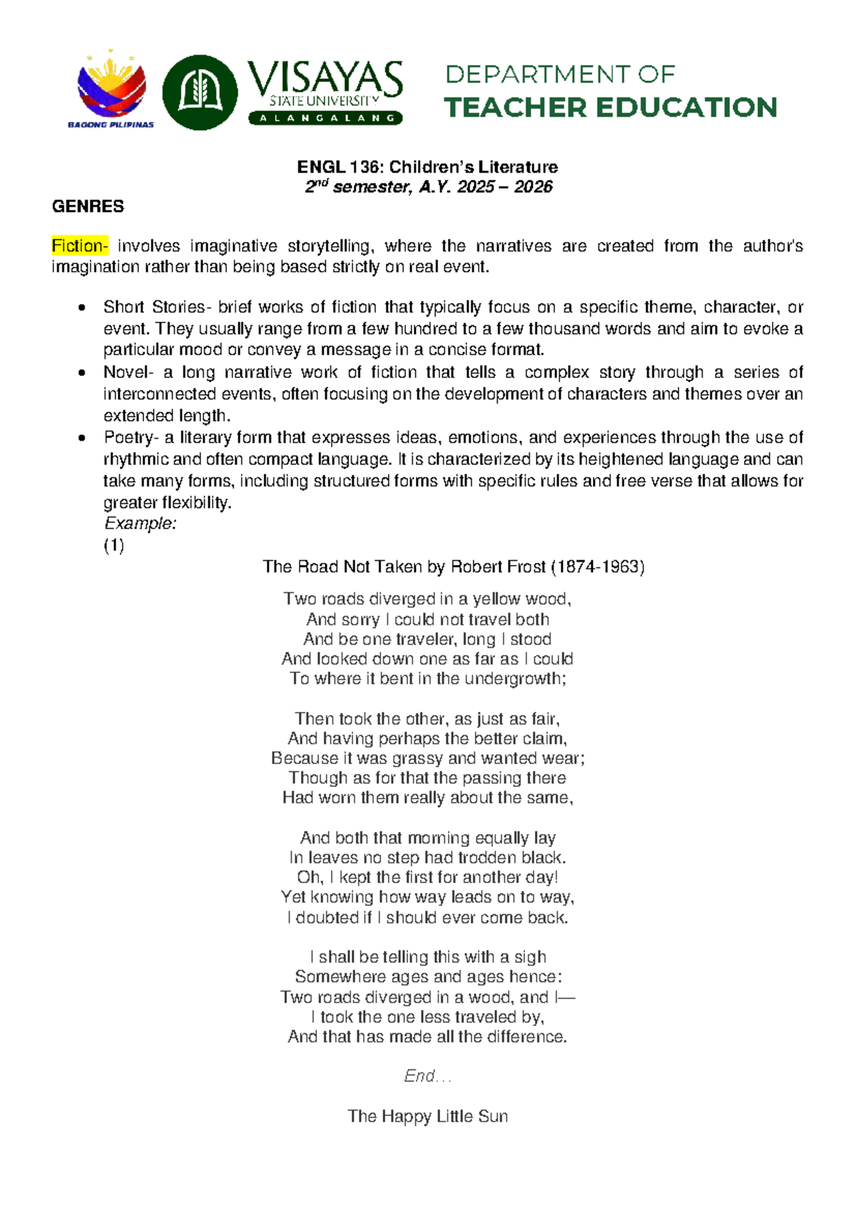 ENGL 136: Genres and Literary Devices Overview for 2nd Sem A.Y. 2025 ...